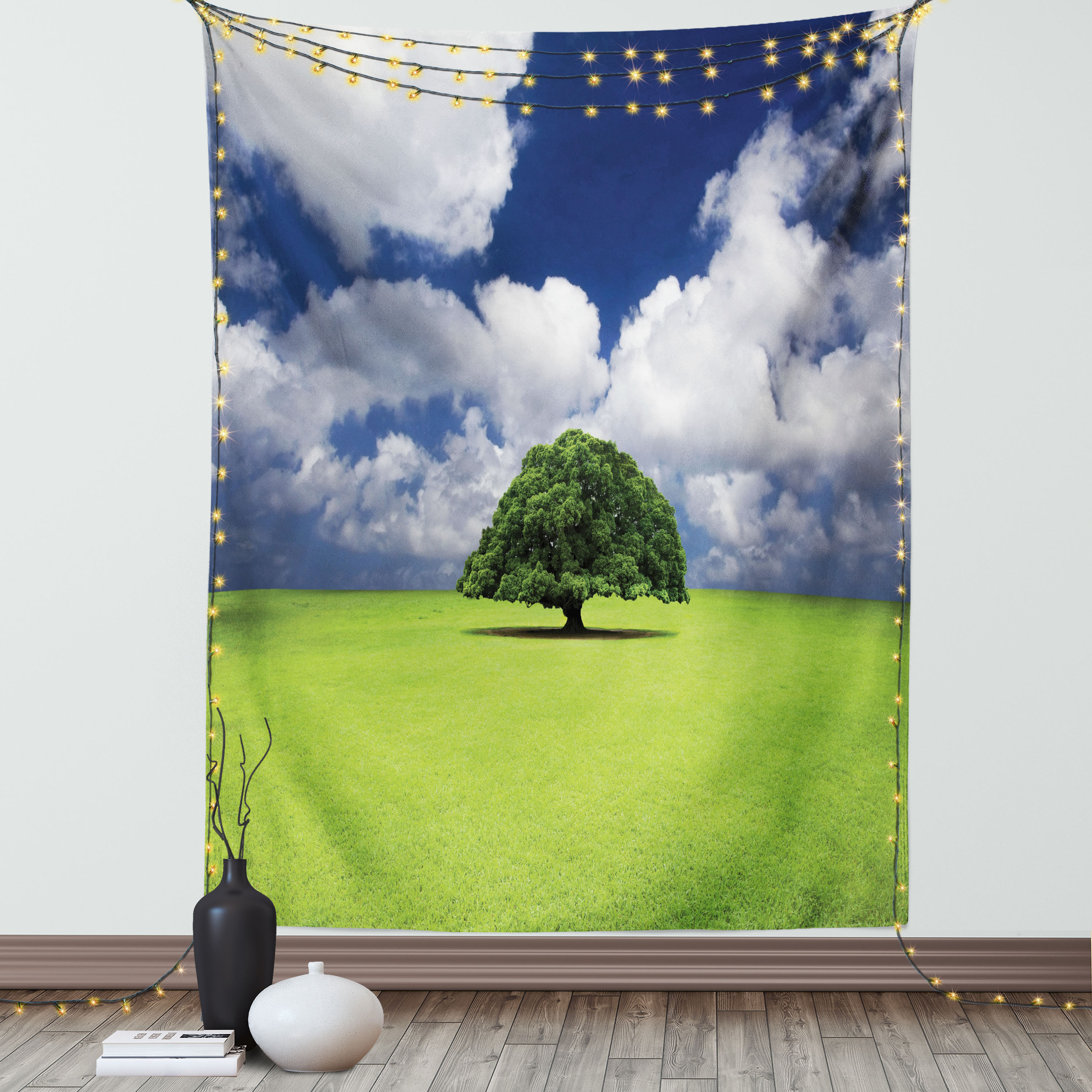 Nature Tapestry Wall Hanging Single Old Tree on Wide Grass Field Fluffy ...