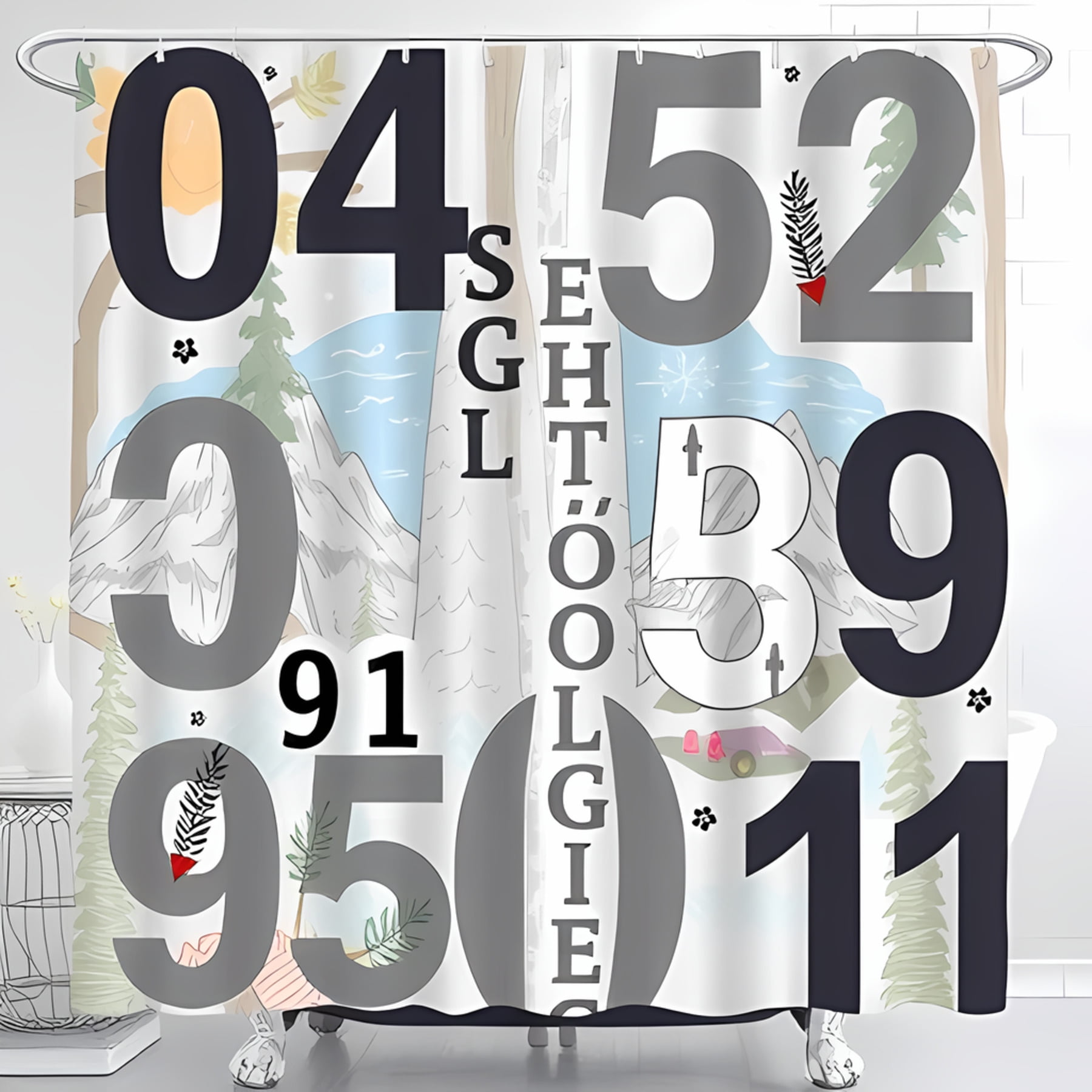 Nature-Themed Shower Curtain with Scenic Mountains Trees & Car Design ...