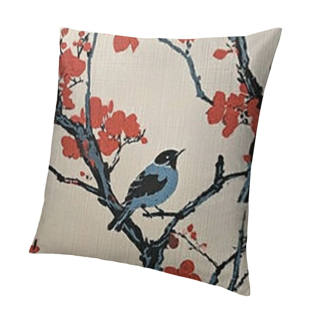 Nature Throw Pillow Cover, Flowers Buds and Birds with Cherry Branches ...