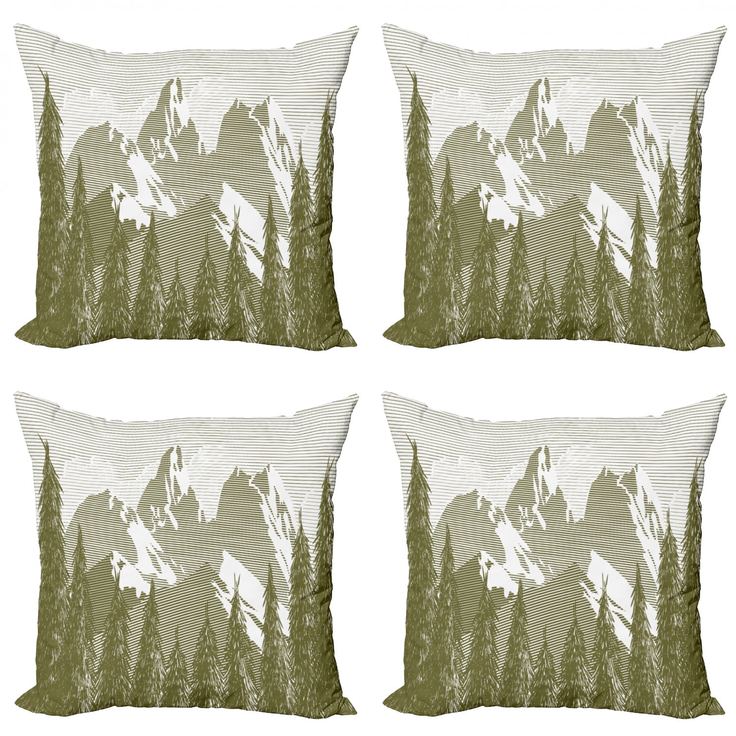 Ambesonne Nature Throw Pillow Cover 4 Pack, Woodcut Style Mountain Land ...