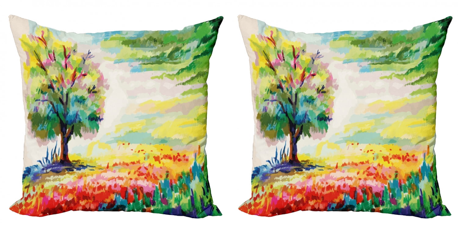 Ambesonne Nature Throw Pillow Cover 2 Pack, Colorful Rural Scenery, 24 ...