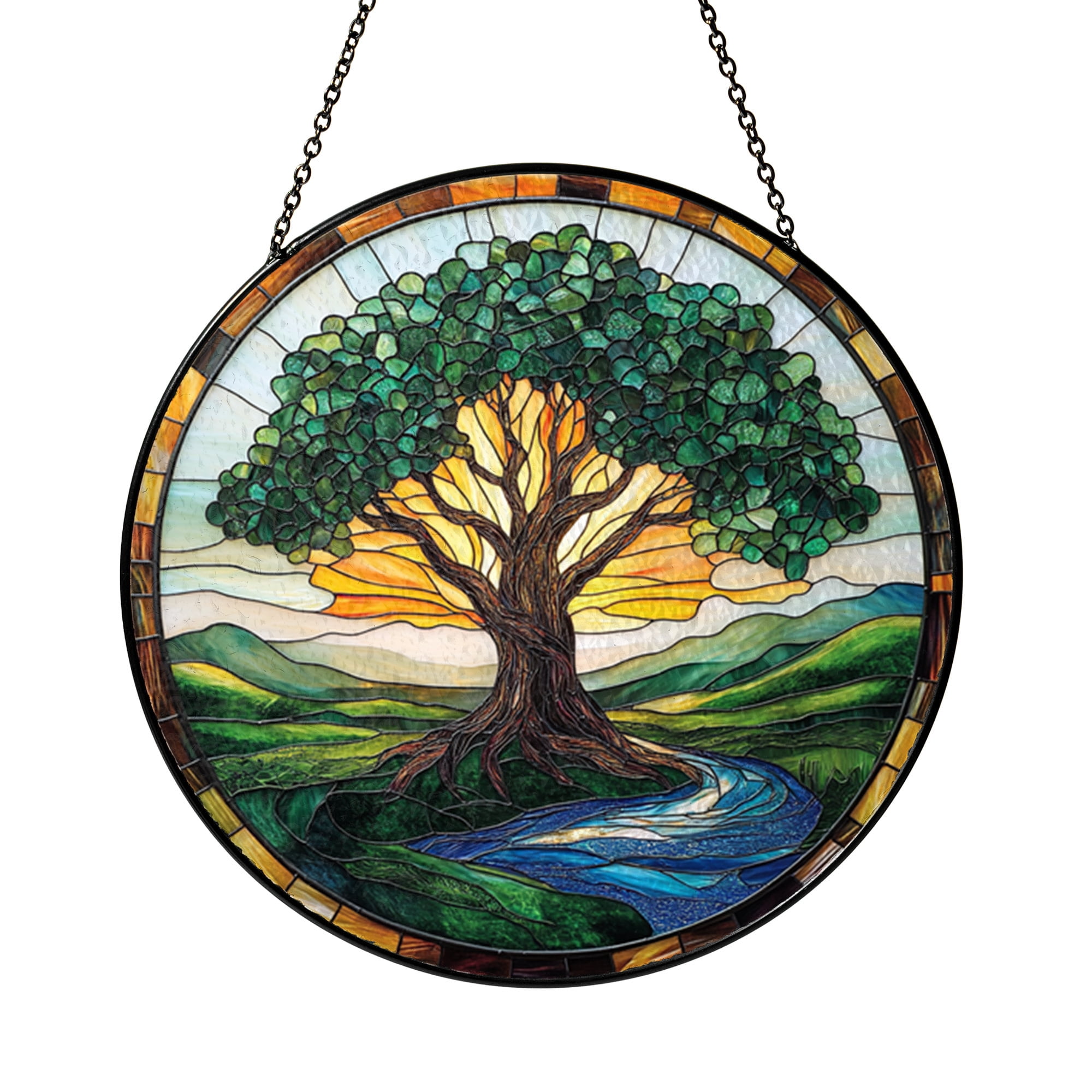 Nature Tree River Stained Glass Suncatcher Window Hanging, Serene ...