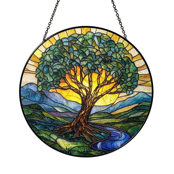 Nature Tree of Life Stained Glass Suncatcher, Serene Landscape Window ...