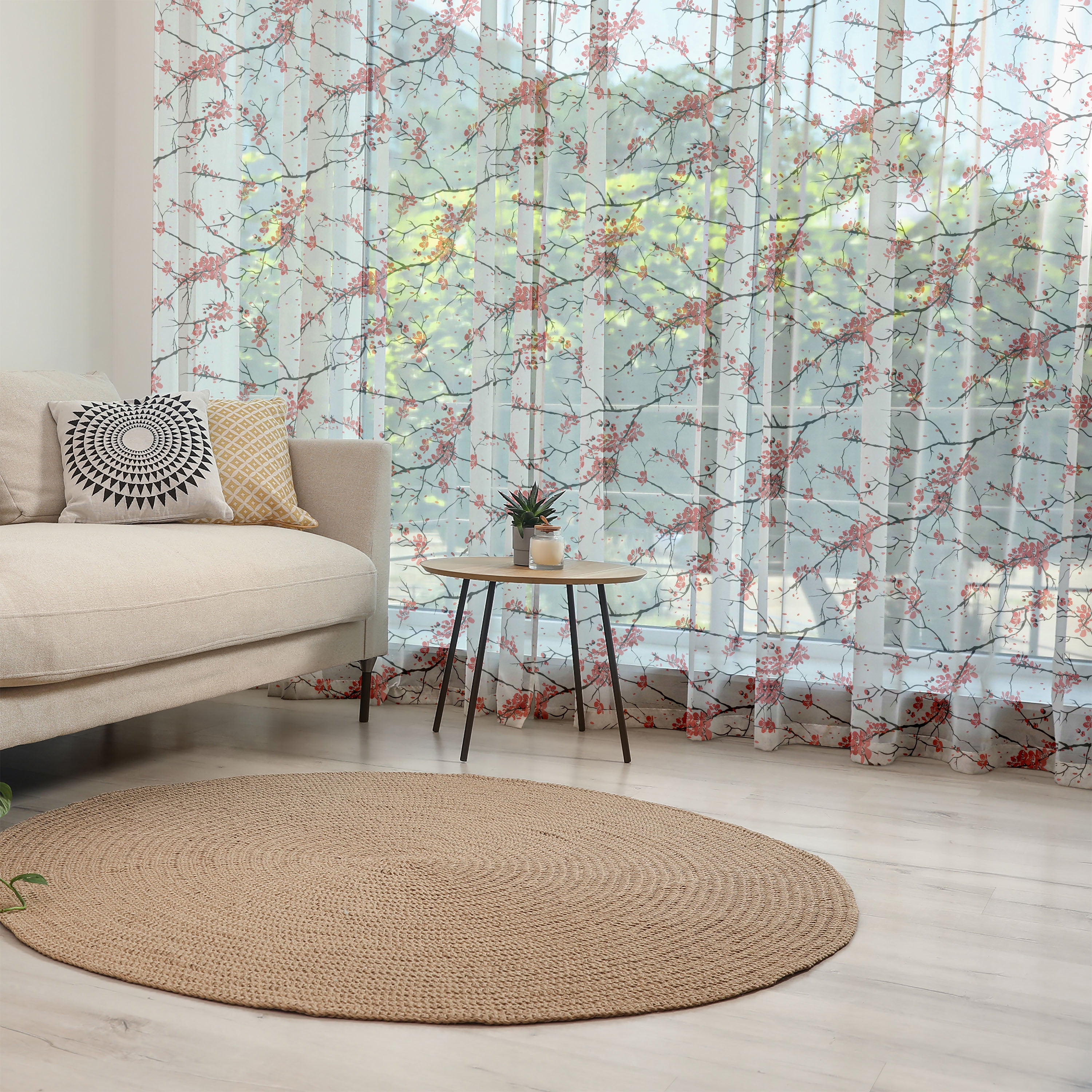 Nature Tulle Curtains with Rod Pocket, Illustration of Sakura Branches ...