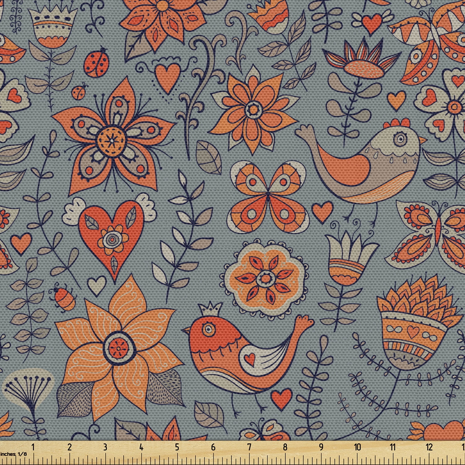 Ambesonne Nature Fabric by the Yard Upholstery, Doodle Birds Flowers, 1 ...