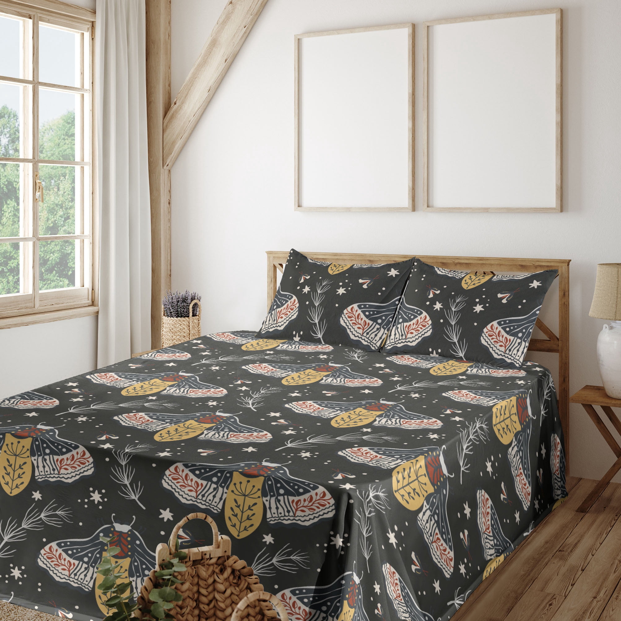Nature Vibes Sheet Set, Sketch Style Moth Drawing With Leaves Greenery ...