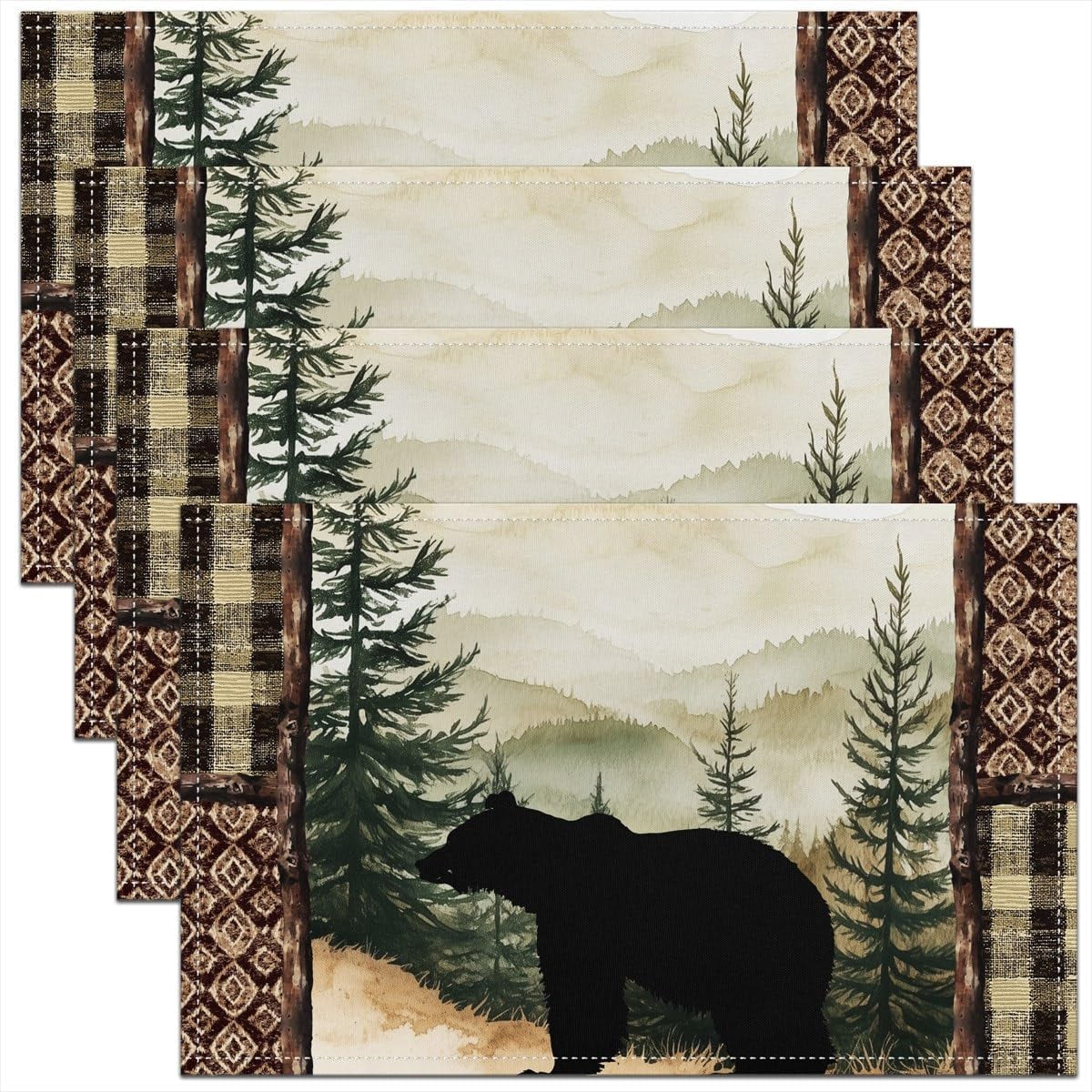 Nature Wildlife Bear Table Mats, Wild Animal Placemats Set of 4, Rustic ...