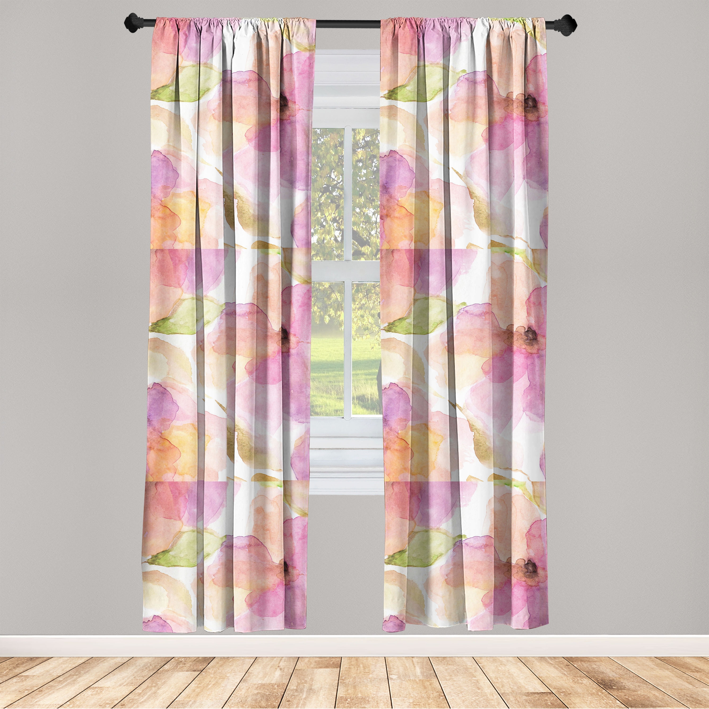 Nature Window Curtains, Garden Themed Watercolor Flower Pattern in ...