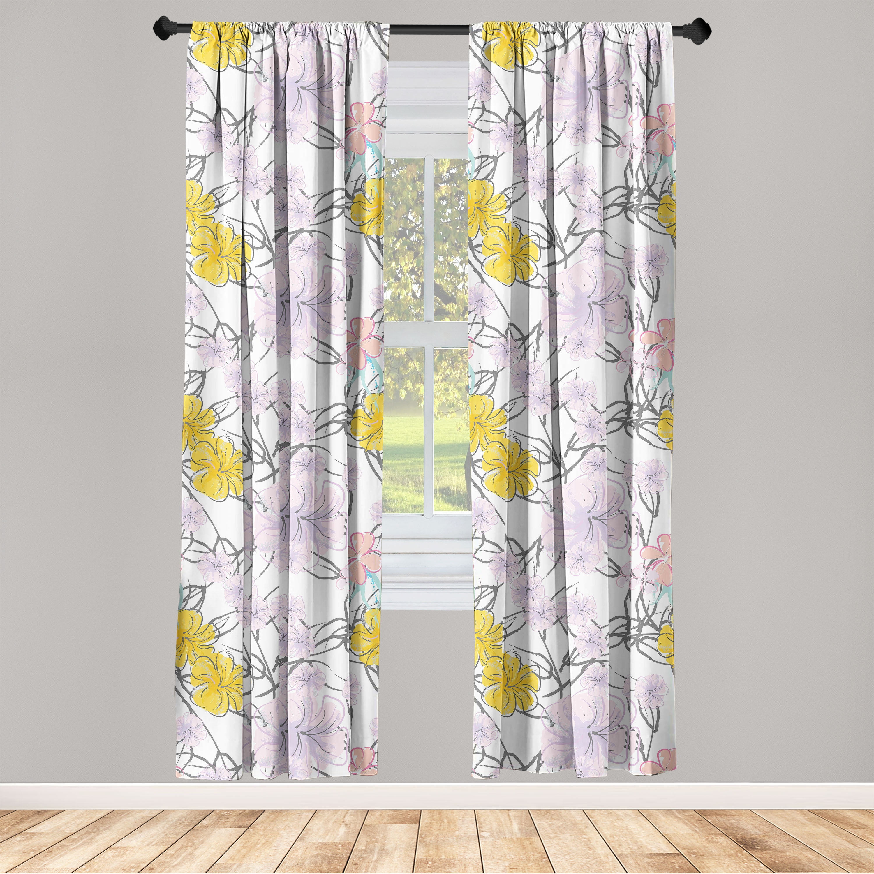 Nature Window Curtains, Minimal Sketch Ornamental Blooming Flora Motifs ...