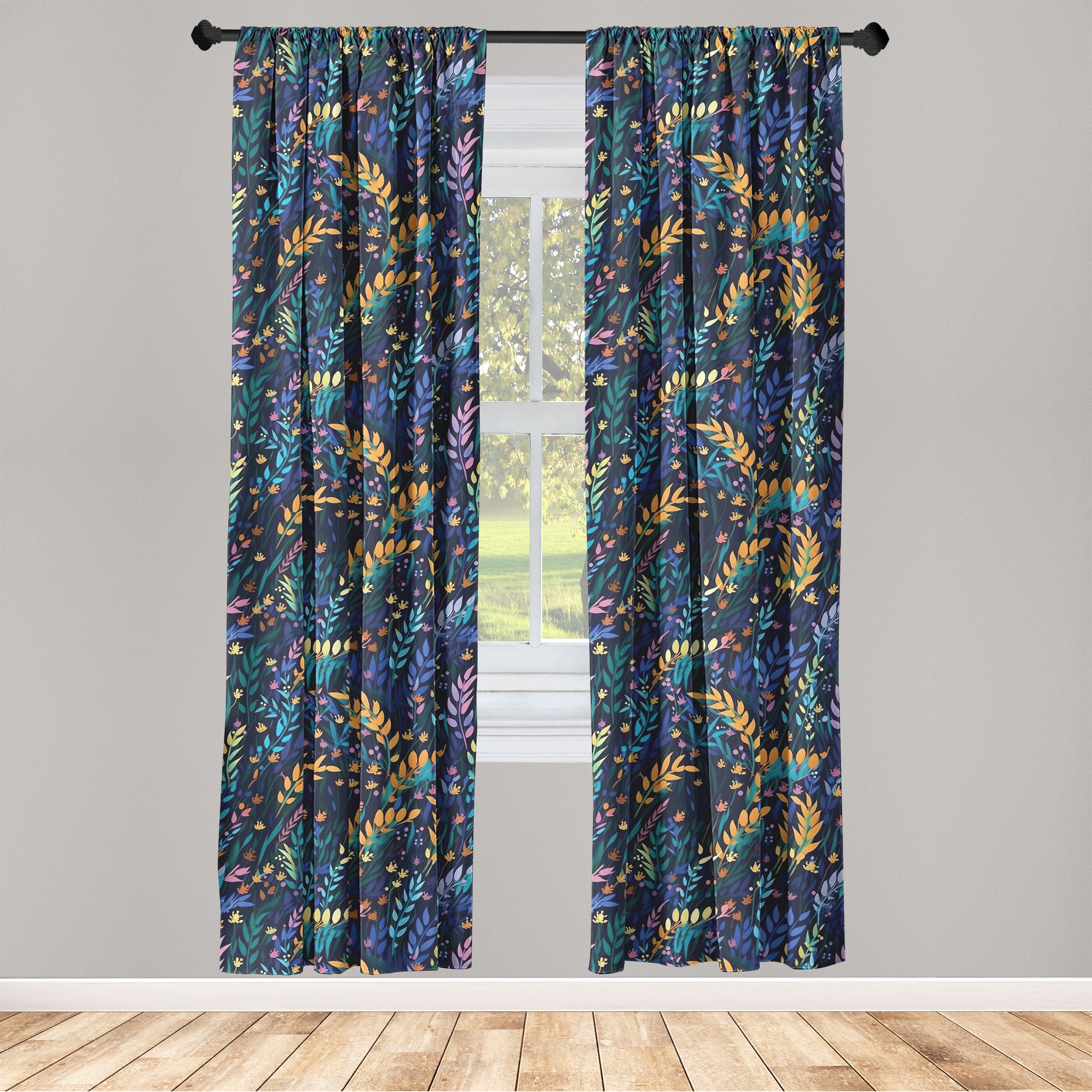 Nature Window Curtains, Multicolored Leaves and Flowers Floral Abstract ...