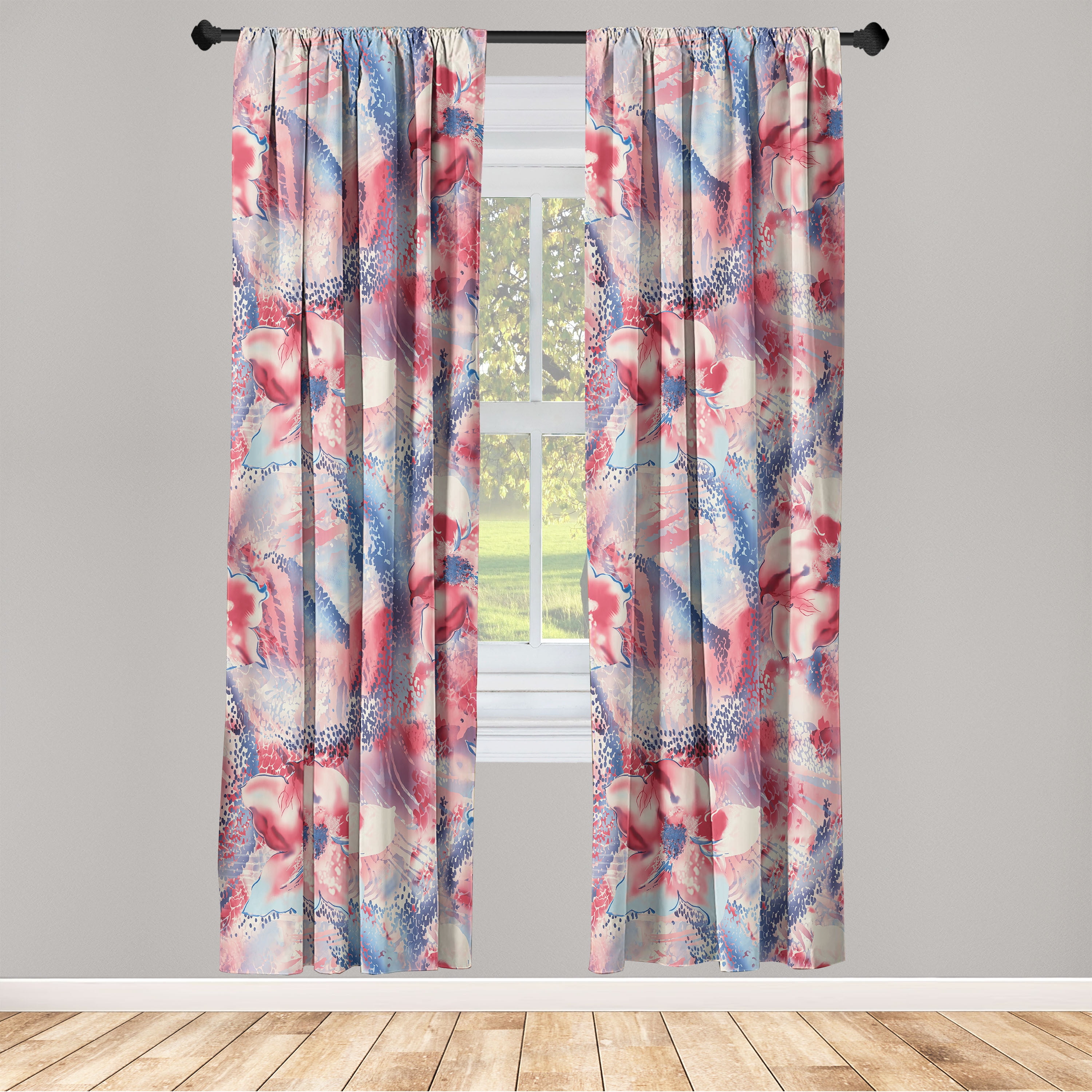 Nature Window Curtains, Repeating Tropical Flowers Grungy Ornament in ...