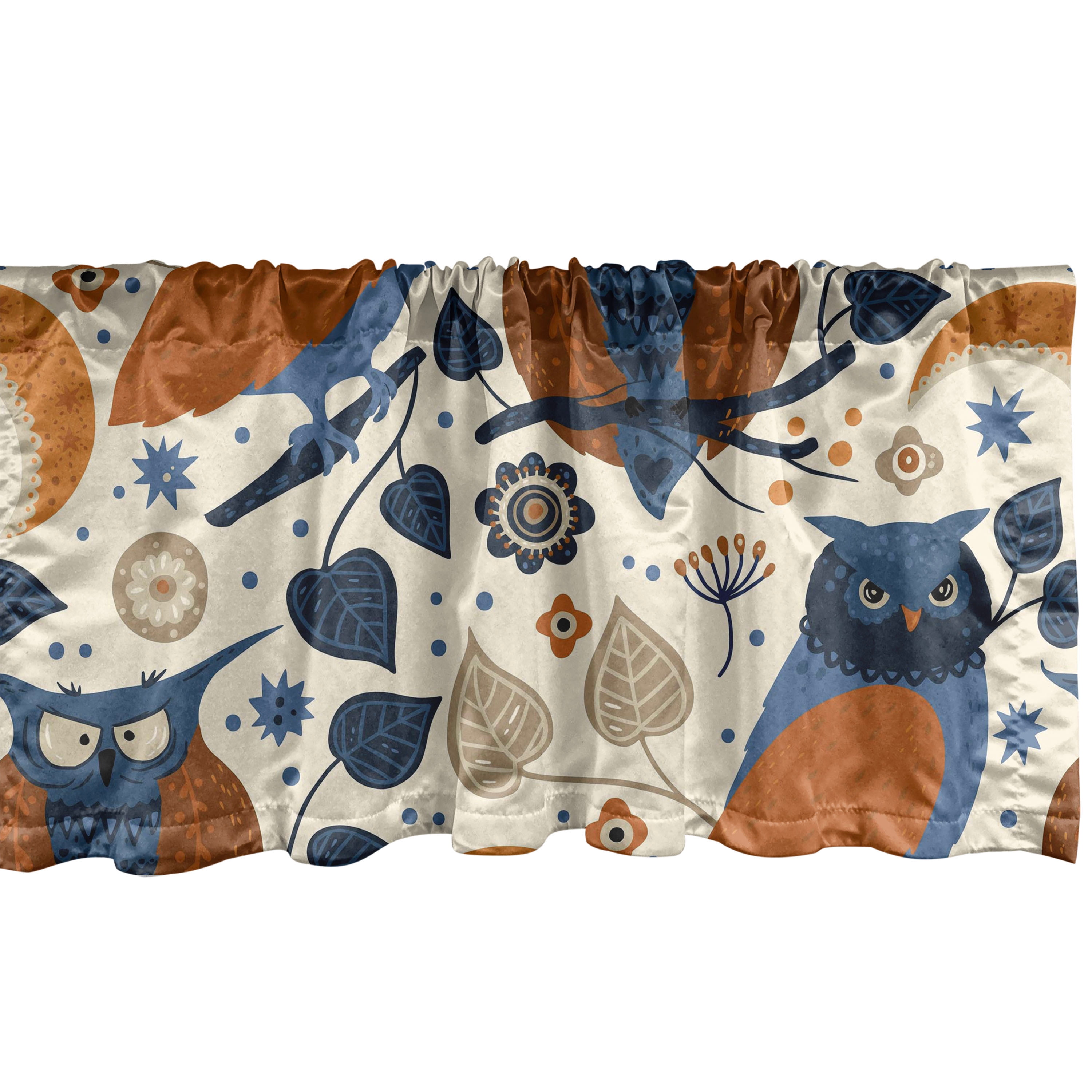 Nature Window Valance, Bohemian Style Owls Crescent Moon Motifs Flowers ...