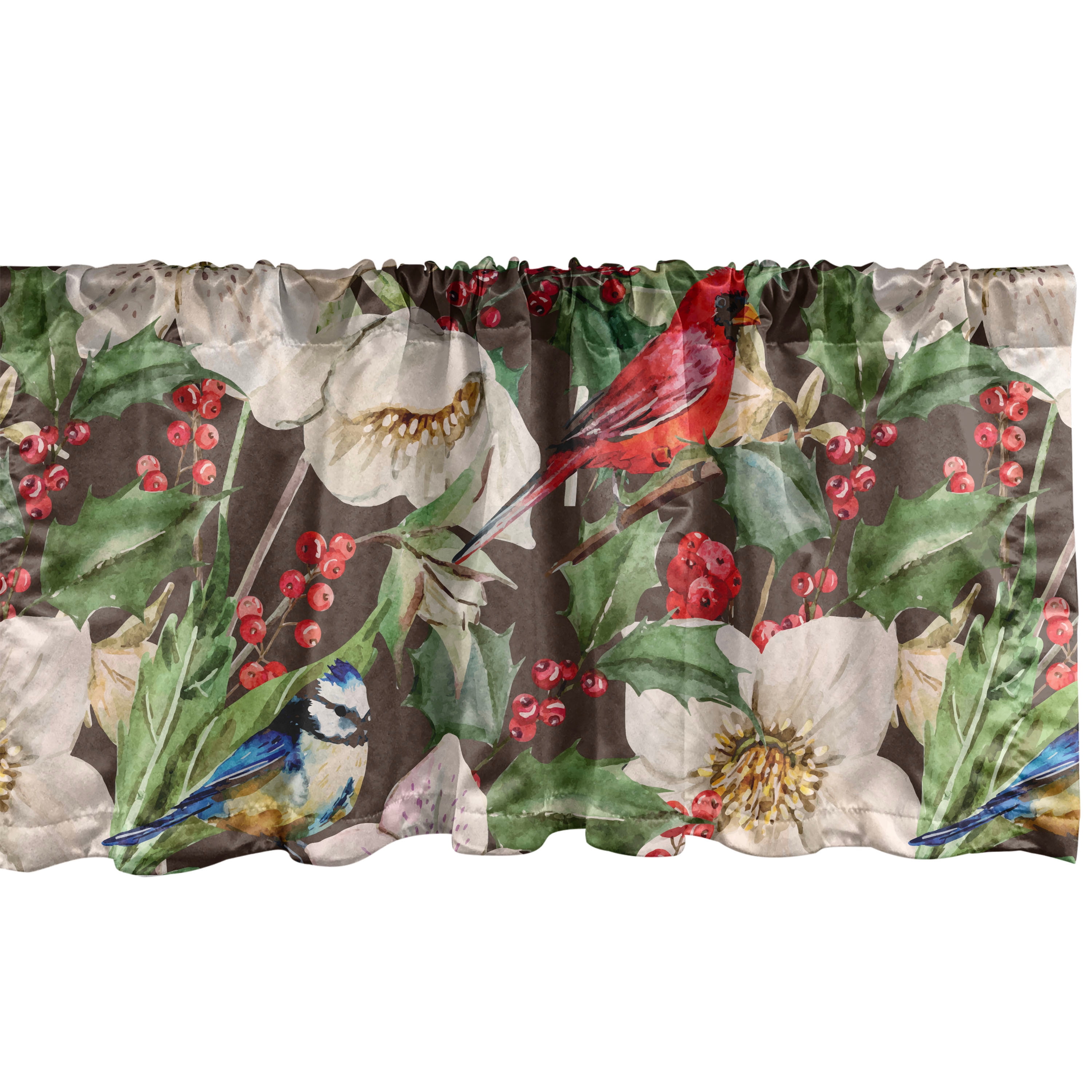 Nature Window Valance, Floral Christmas Theme Flowers Berries and Birds ...