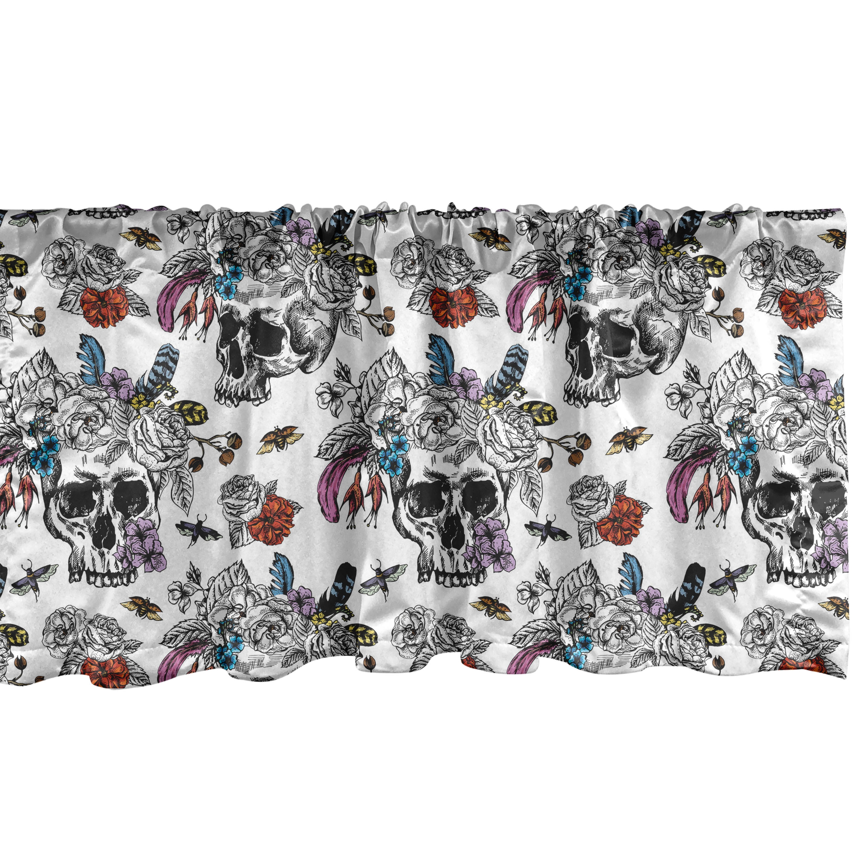 Nature Window Valance, Gothic Theme Skull Sketch With Flying Butterfly ...