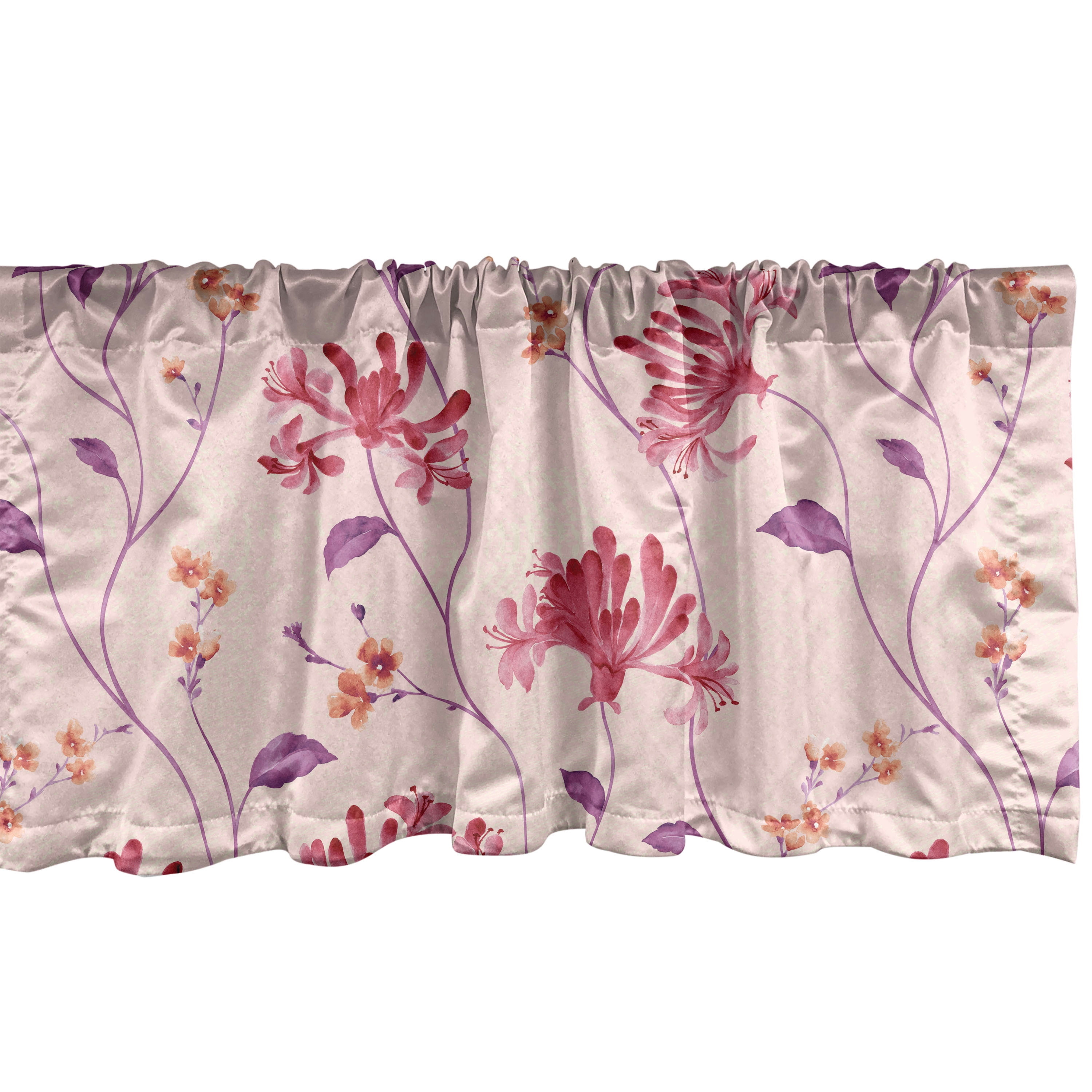 Nature Window Valance, Repeating Flowers and Leaves Ornament on Pinkish ...