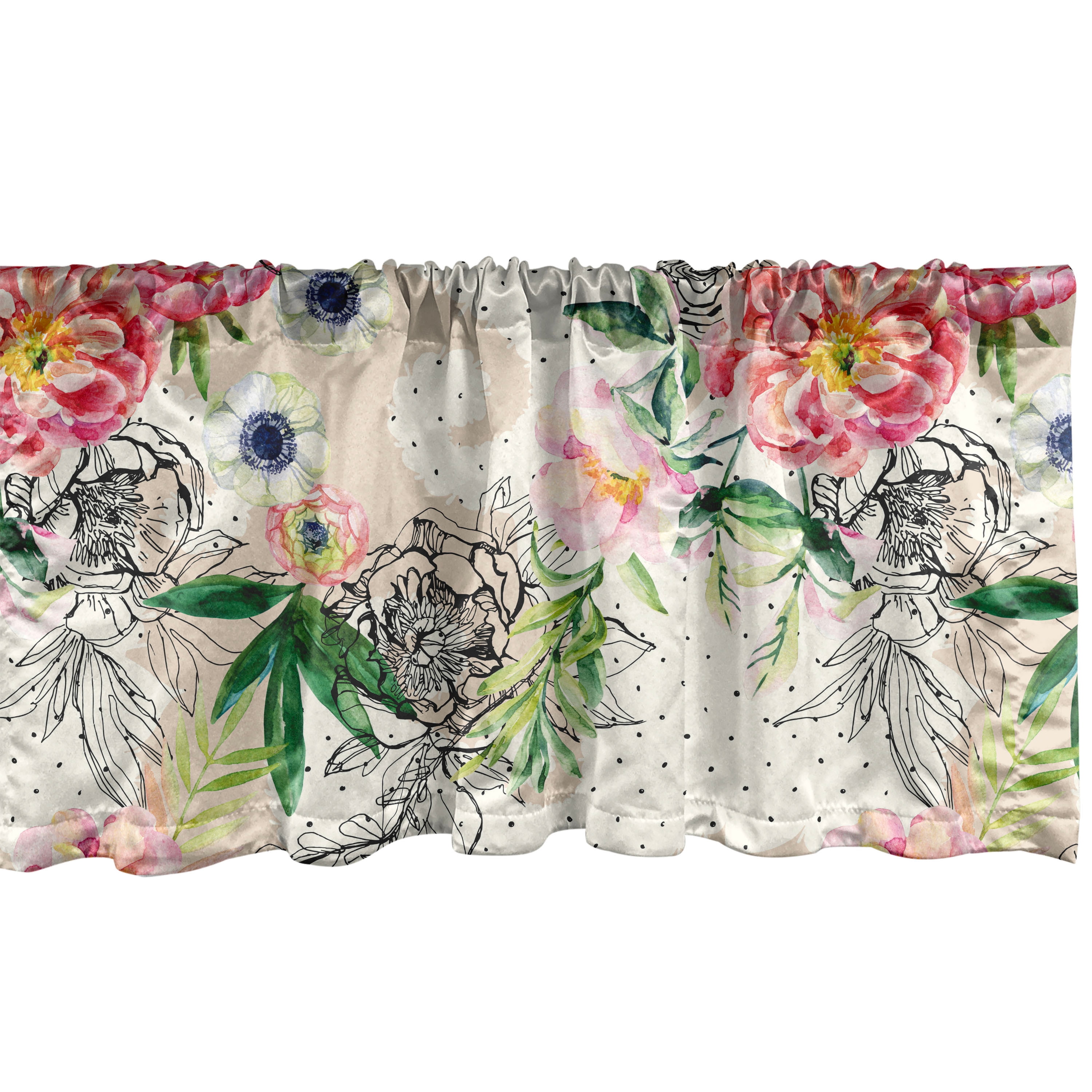 Nature Window Valance, Watercolor Flowers Leaves and Dots Abstract ...