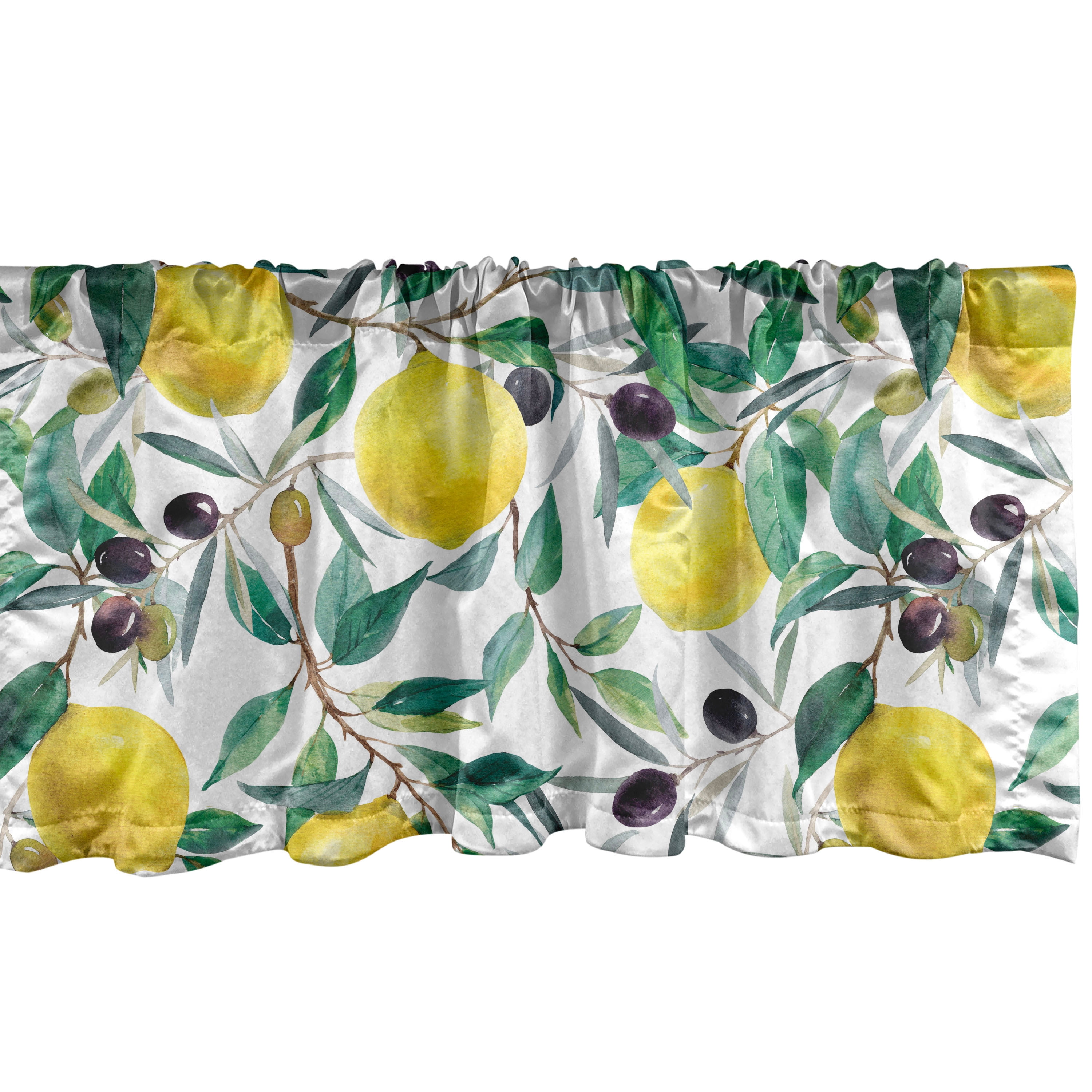 Nature Window Valance, Watercolor Style Art Lemons Olives Leaves ...
