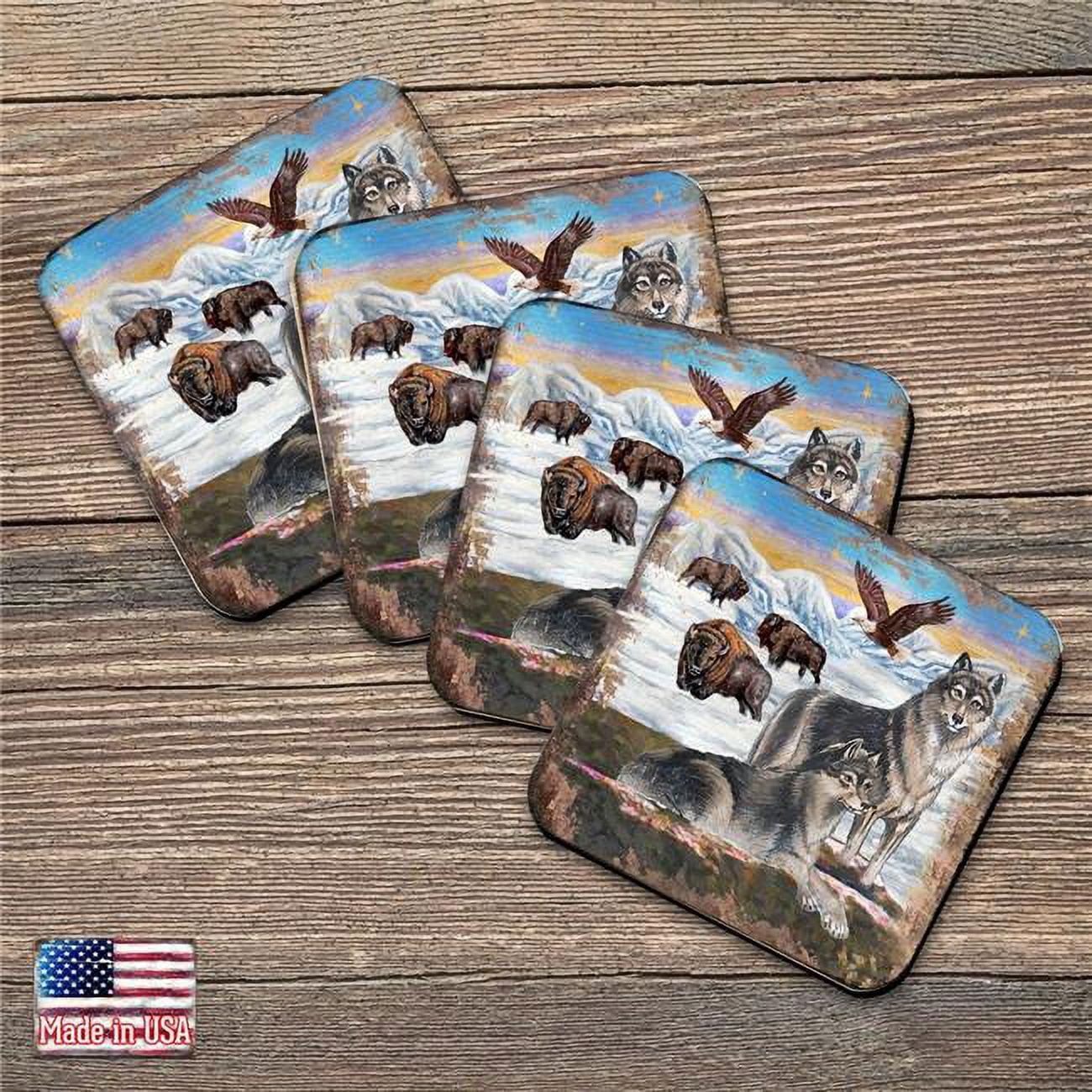 Nature Wonders 95222C-S4 4 x 4 in. Winter Wolves Wooden Cork Coasters ...