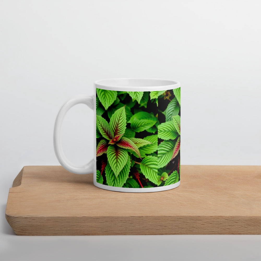 Nature's Art: Vibrant Green & Red Foliage, White glossy mug, Ceramic ...
