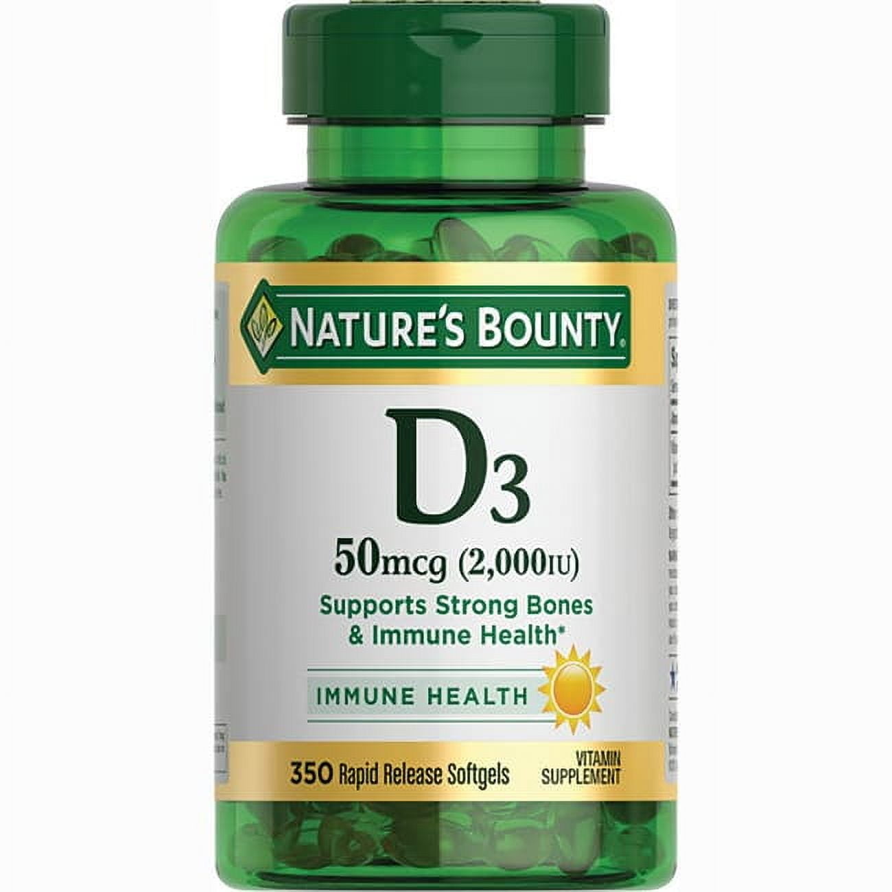 Nature’s Bounty Vitamin D3 2000 IU Softgels, Bone & Immune Support, 350 ...