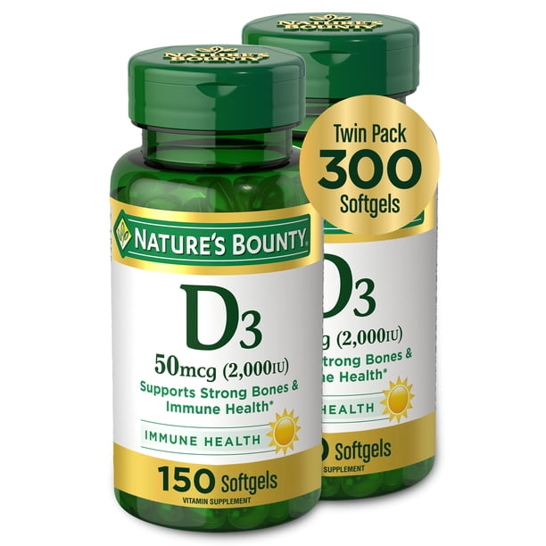 Nature's Bounty Vitamin D3 Softgels, 50 mcg, 2000 IU, 150 Ct, 2 Pack ...