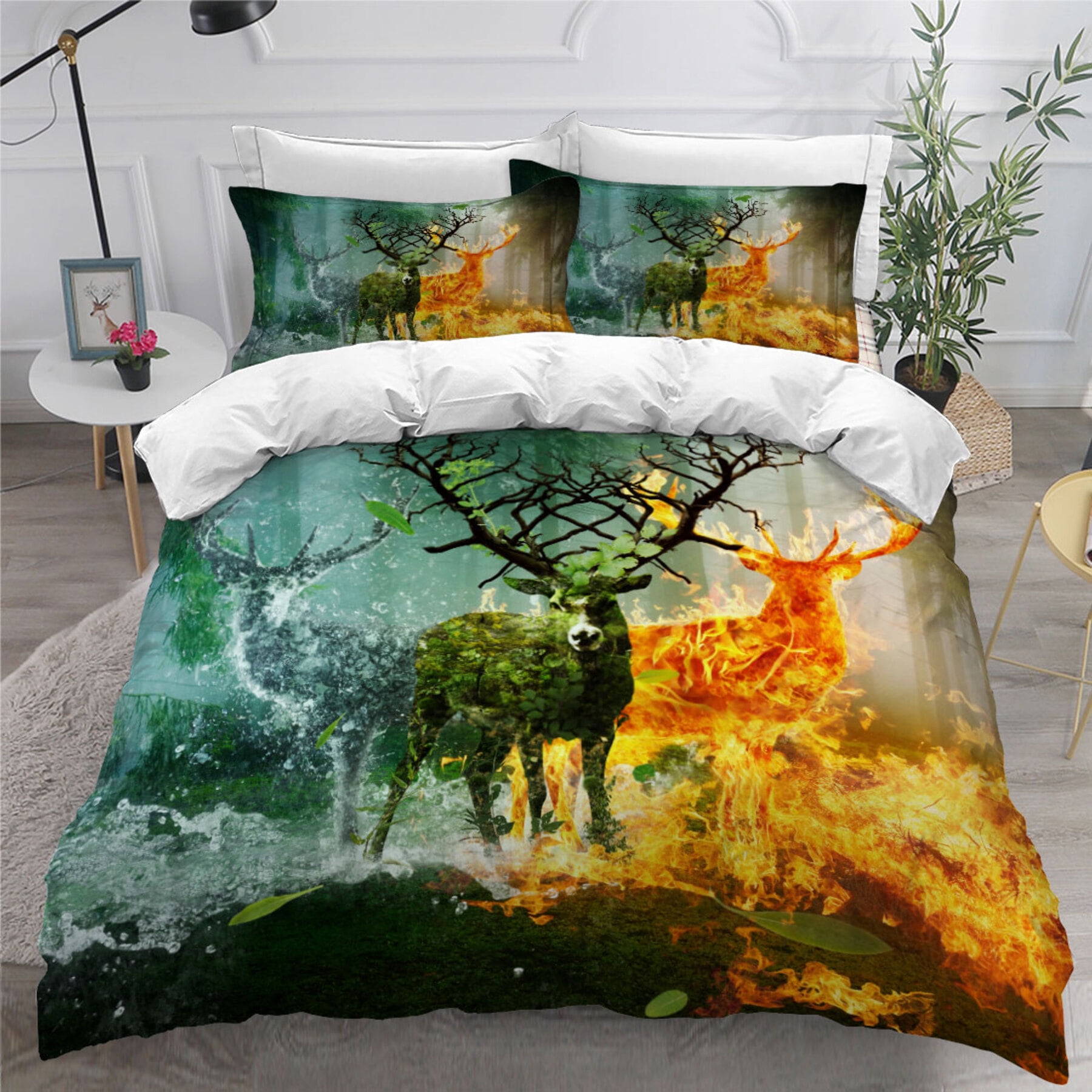 Nature's Harmony Bedding Set: Stunning Deer Design with Foliage & Fiery ...