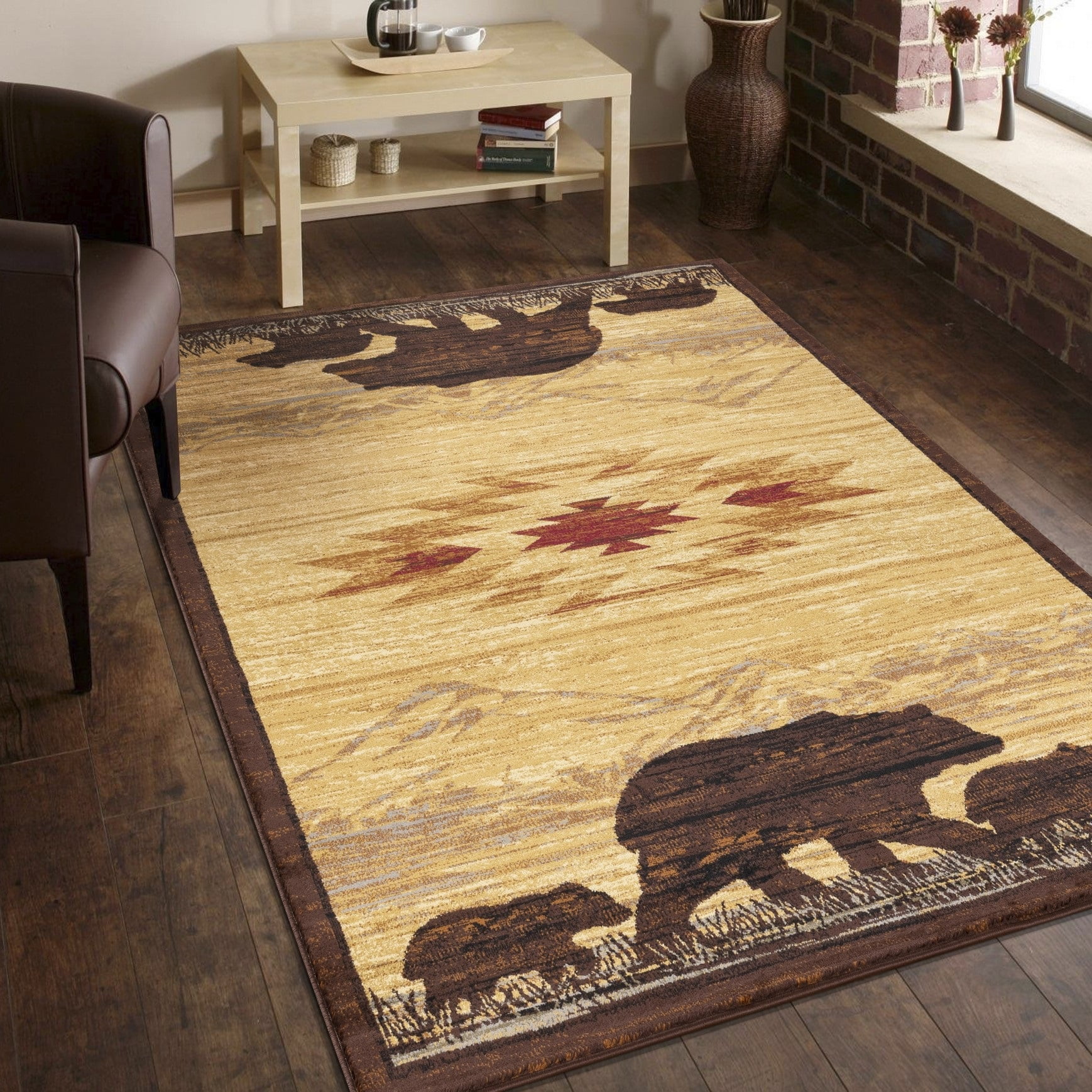Nature's Nest Lodge Area Rug, Rustic Lodge Log Cabin Bear and Cub Area ...