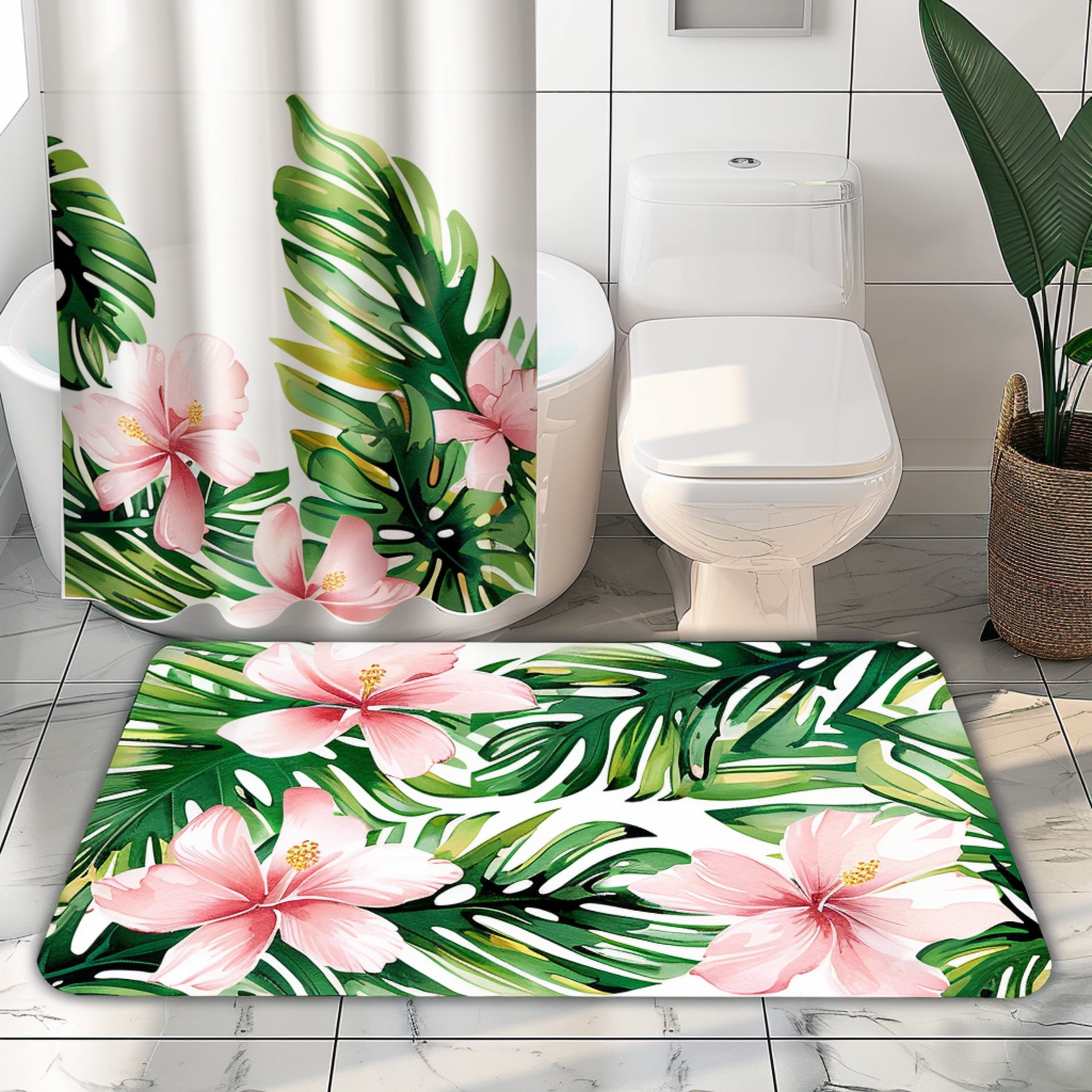 Nature's Oasis: Hyperrealistic Floral Shower Curtain White Walls Green Leaves Pink Flowers ...