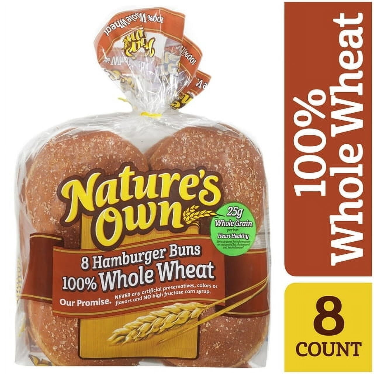 Nature's Own 100% Whole Wheat Hamburger Buns, 8 Ct, 15 oz, Soft ...