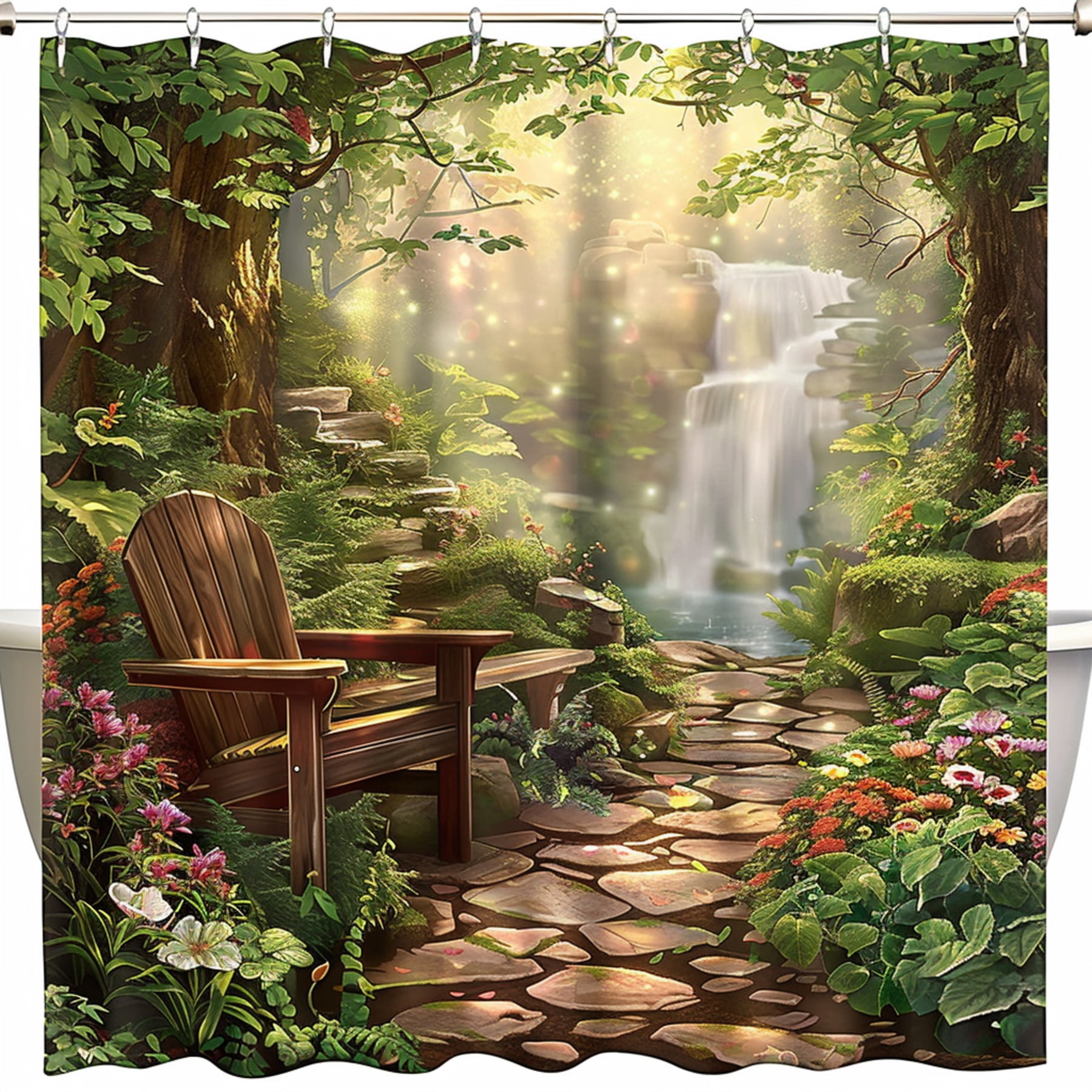 Nature's Serenity Shower Curtain Adirondack Chair Oasis with Waterfall ...