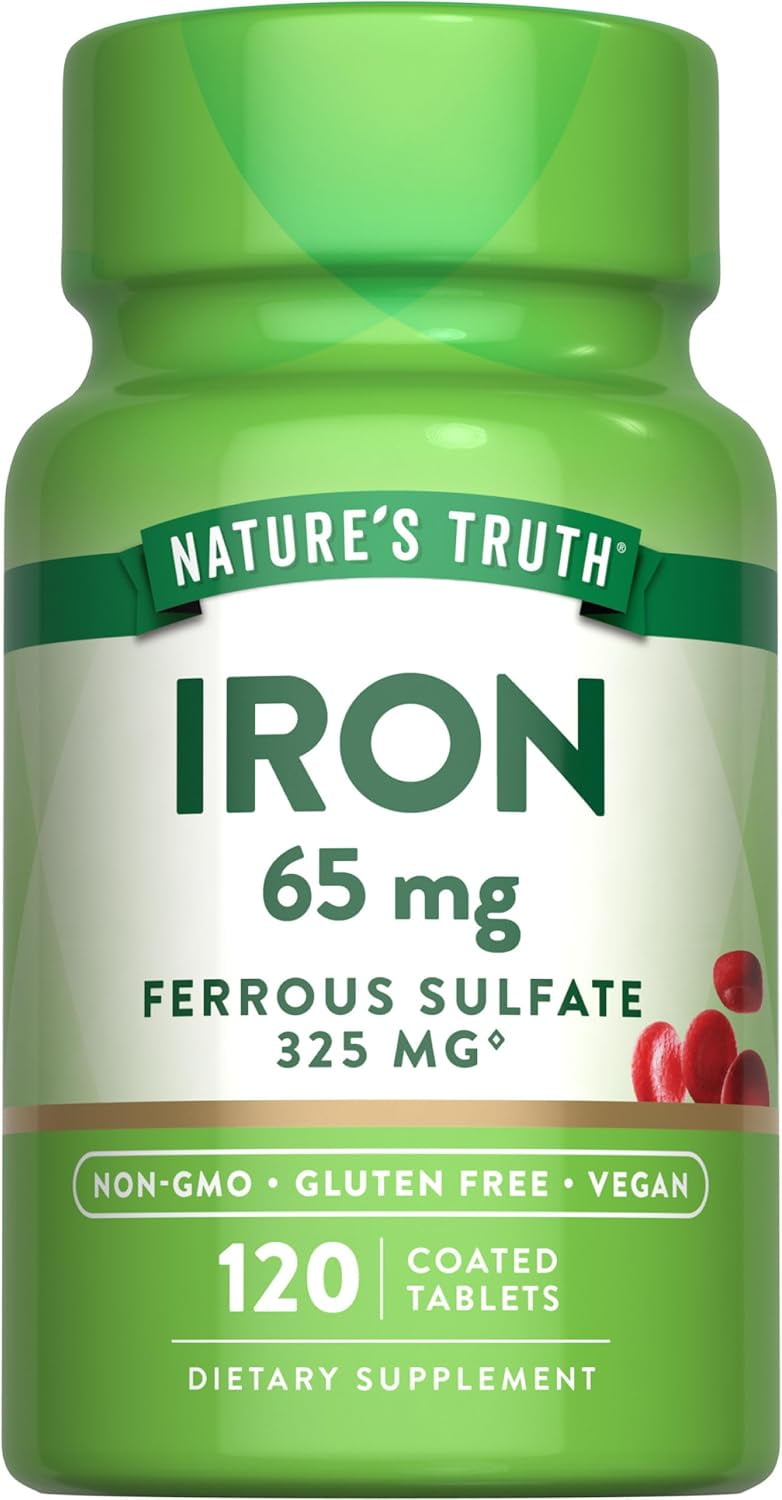 Iron Ferrous Sulfate 65mg | 120 Vegetarian Tablets | Non-GMO and Gluten Free Supplement | By ...