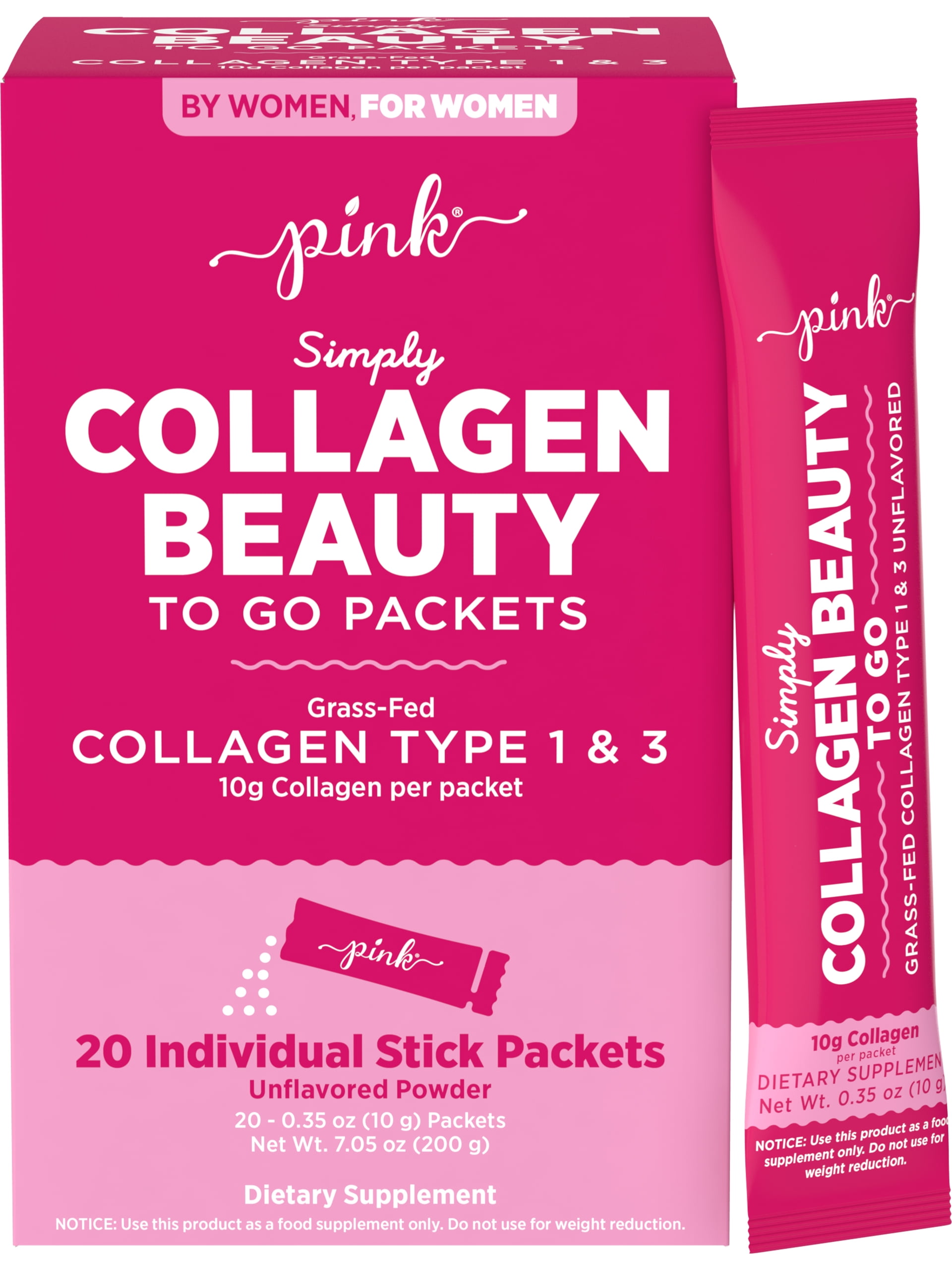 Pink Collagen Powder Mix Drink | 20 Travel Packets | Unflavored Type 1 ...