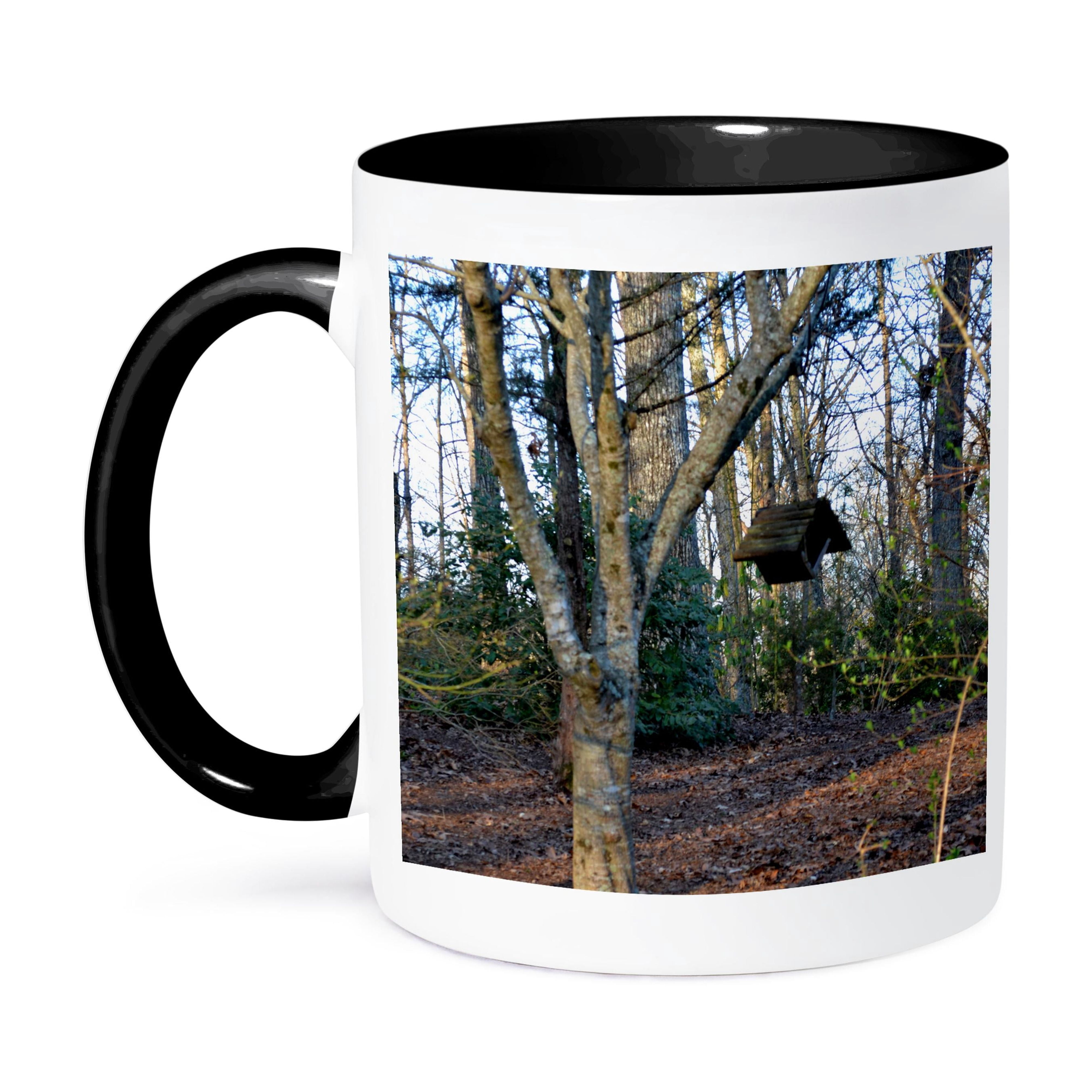 3dRose, Nature scene with tree and birdhouse, 15oz Two-Tone Black Mug ...