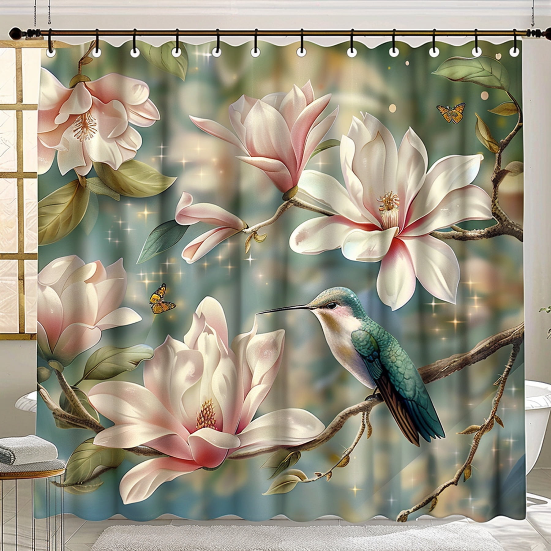 Natureinspired Shower Curtain With Hummingbirds And Magnolia Flowers