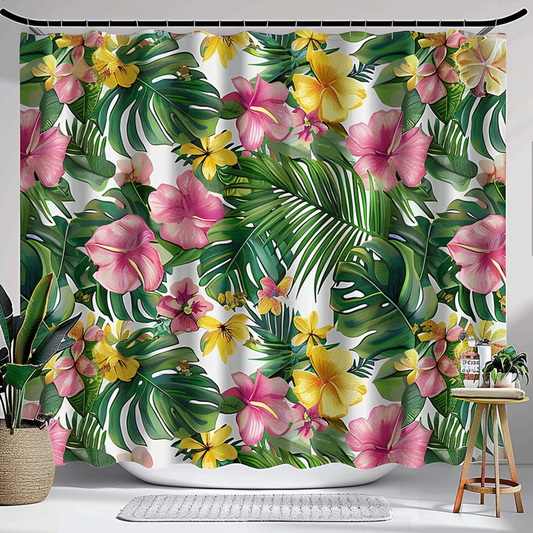 Natureinspired Tropical Rainforest Shower Curtain Set Pink Green Yellow