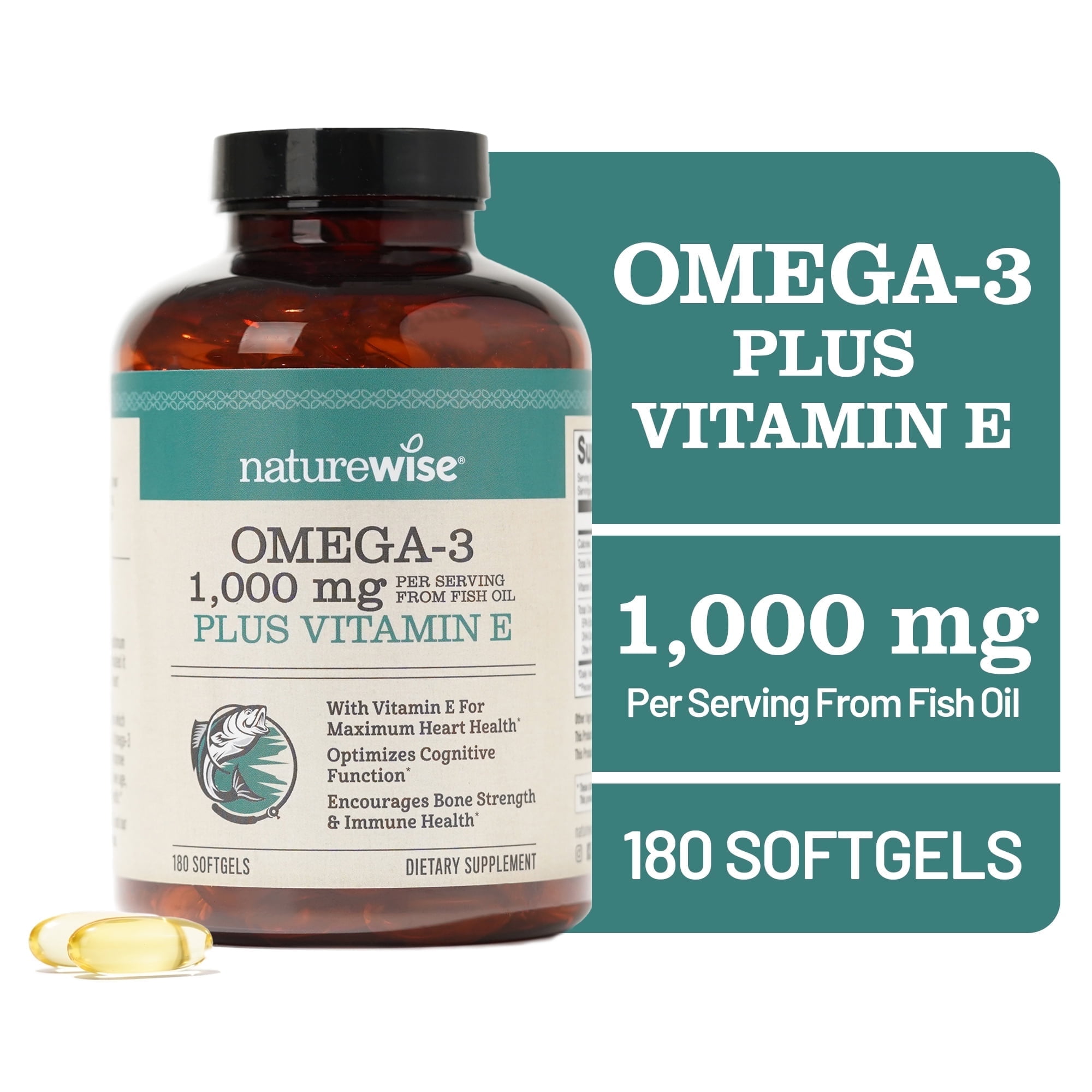 NatureWise Omega 3 Fish Oil 1000mg + Vitamin E - Wild-Caught - 180 ...