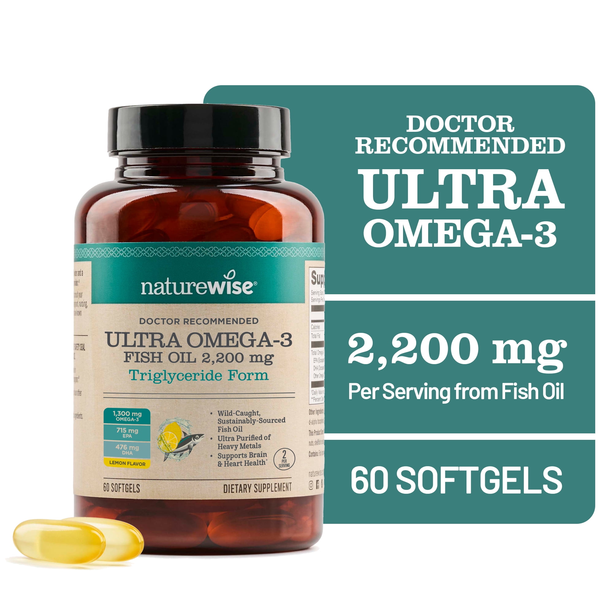 NatureWise Ultra Omega 3 Fish Oil 2200 mg - TG Form - 60 Softgels[30 ...