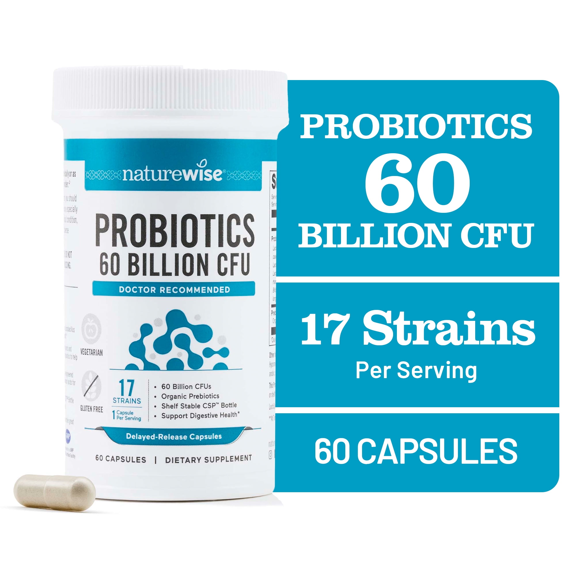 NatureWise Probiotics 60 Billion CFU - 17 Strains + Organic Prebiotics - Immune, Digestive & Gut ...