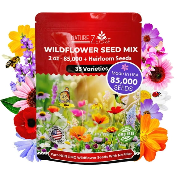 NatureZ Edge Wildflower Seeds JKF25 Mix - 2 Oz, 85,000 Seeds, 35 Variety Perennial & Annual ...