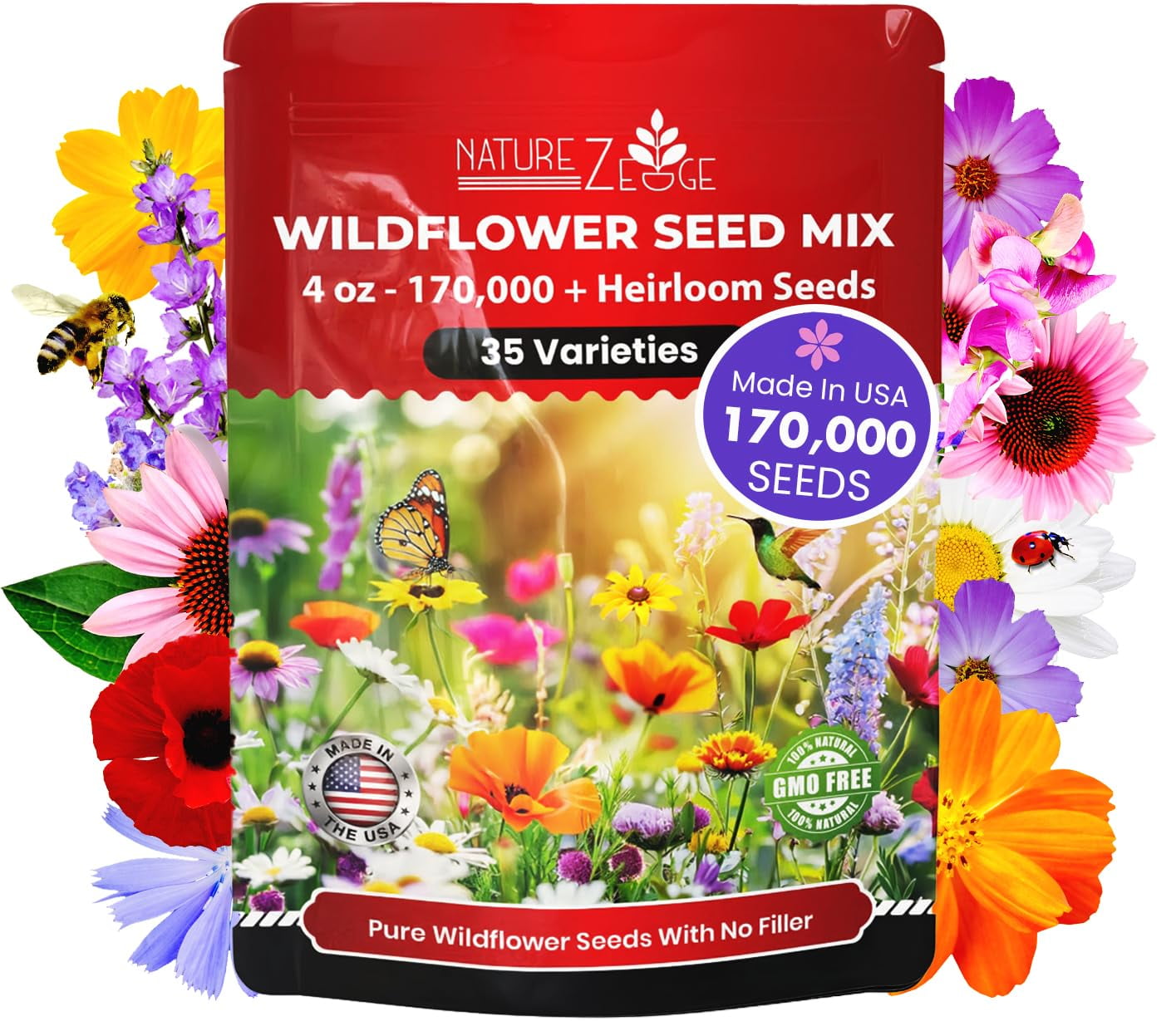 NatureZ Edge Wildflower TWE5 Seeds Mix - 1/4 lb, 170,000 Seeds, 35 Variety Perennial & Annual ...
