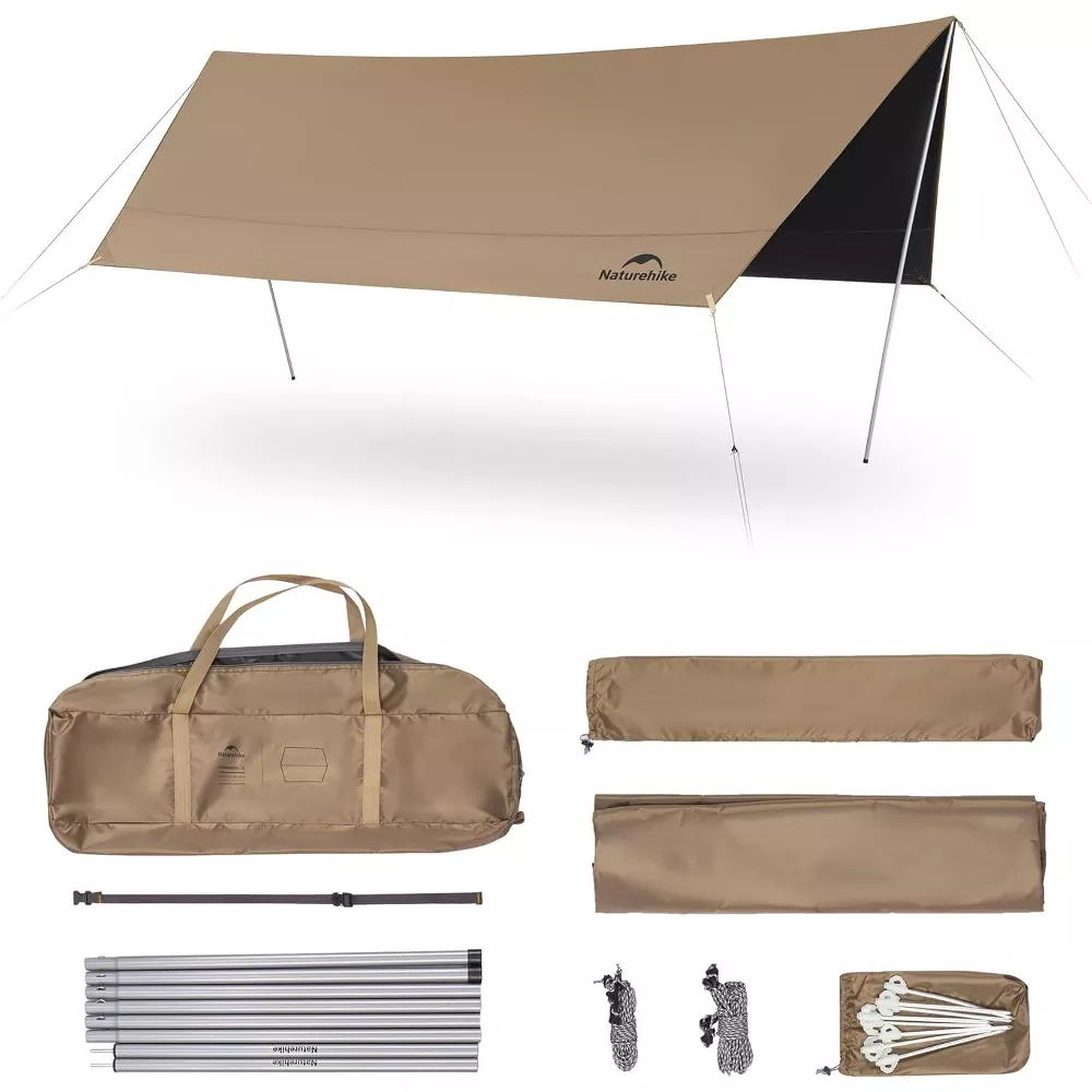Naturehike Camping Tent Tarp with Poles, Waterproof PU 18000mm+, Anti ...