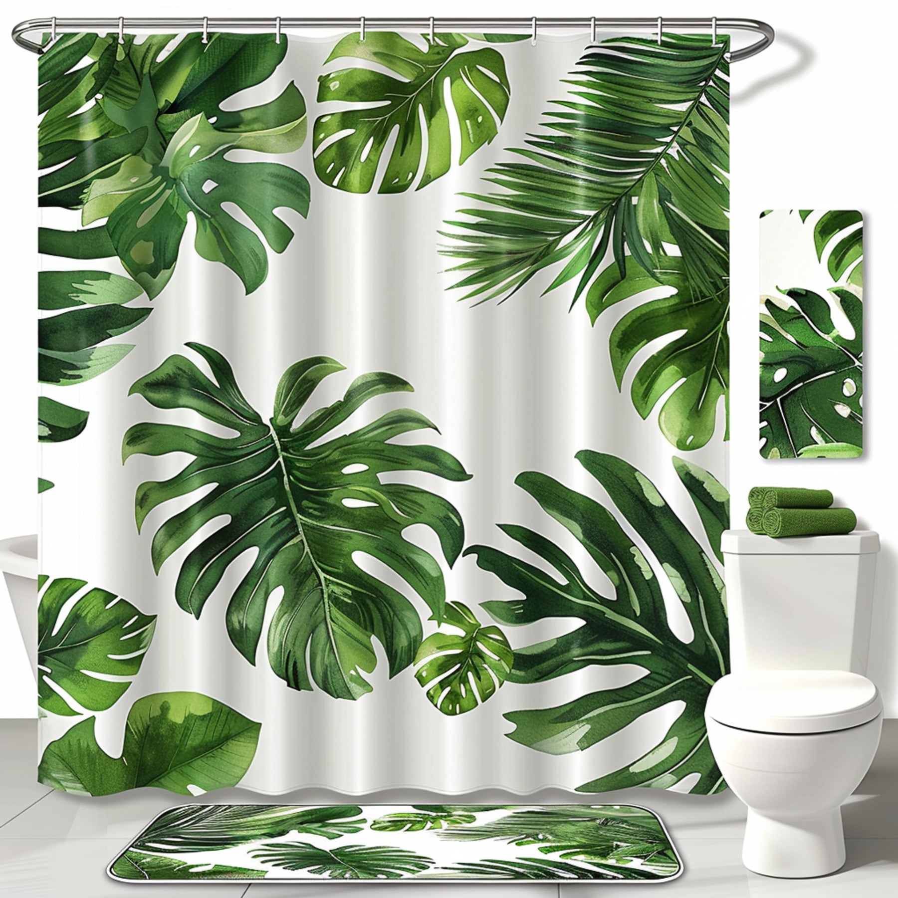 Natureinspired Tropical Leaves Bathroom Set White Background Green