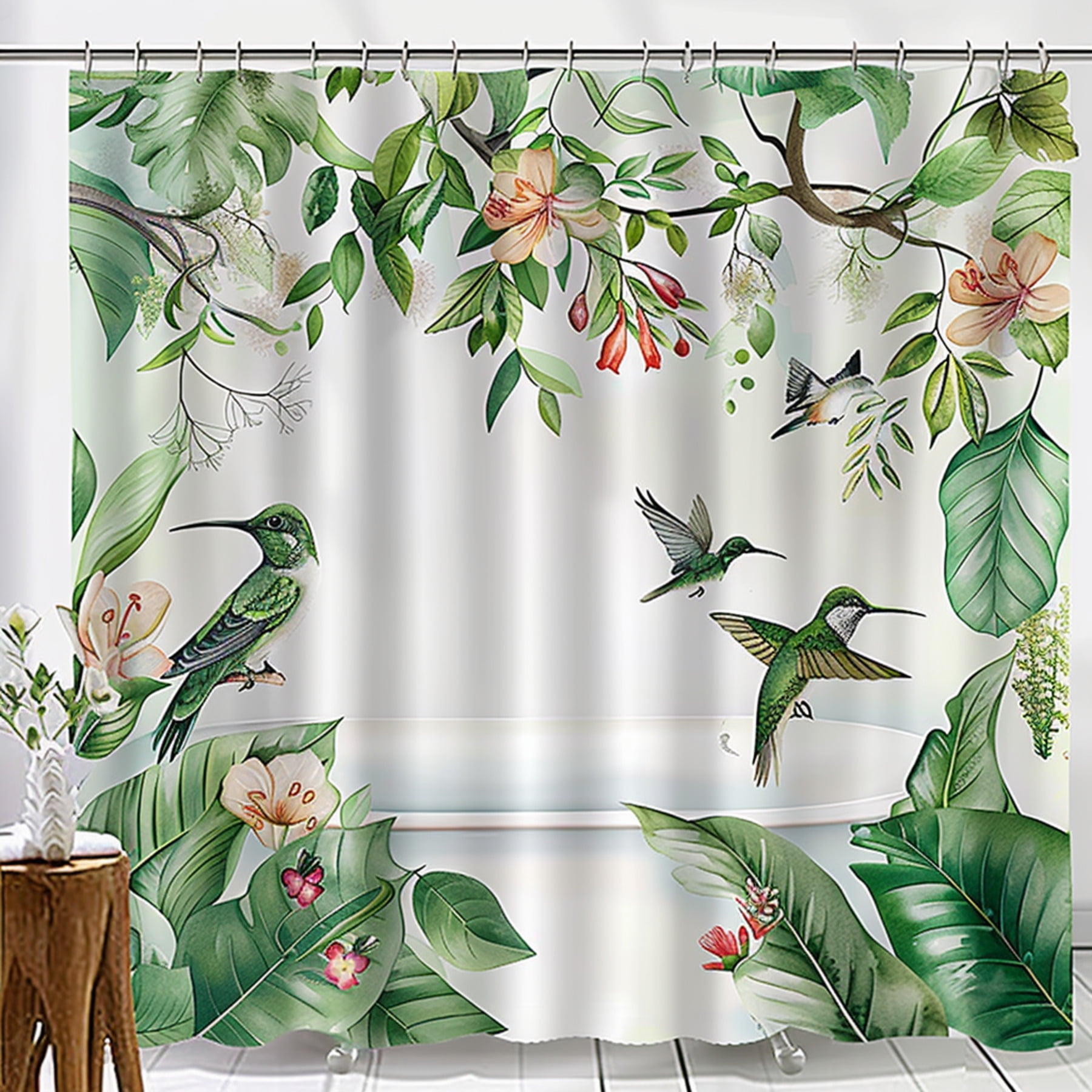 Naturethemed Shower Curtain With Foliage Hummingbirds Plants Flowers