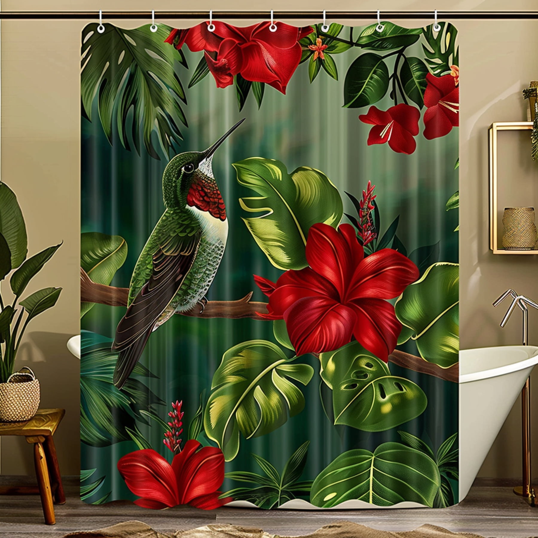 Naturethemed Bathroom Curtain Featuring A Tropical Hummingbird And Red