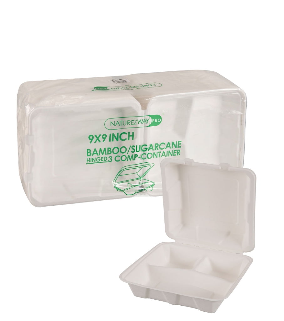 Naturezway Pro (200 Pack) 9"x 9"x 3.2" Bamboo & Sugarcane Hinged-Lid ...