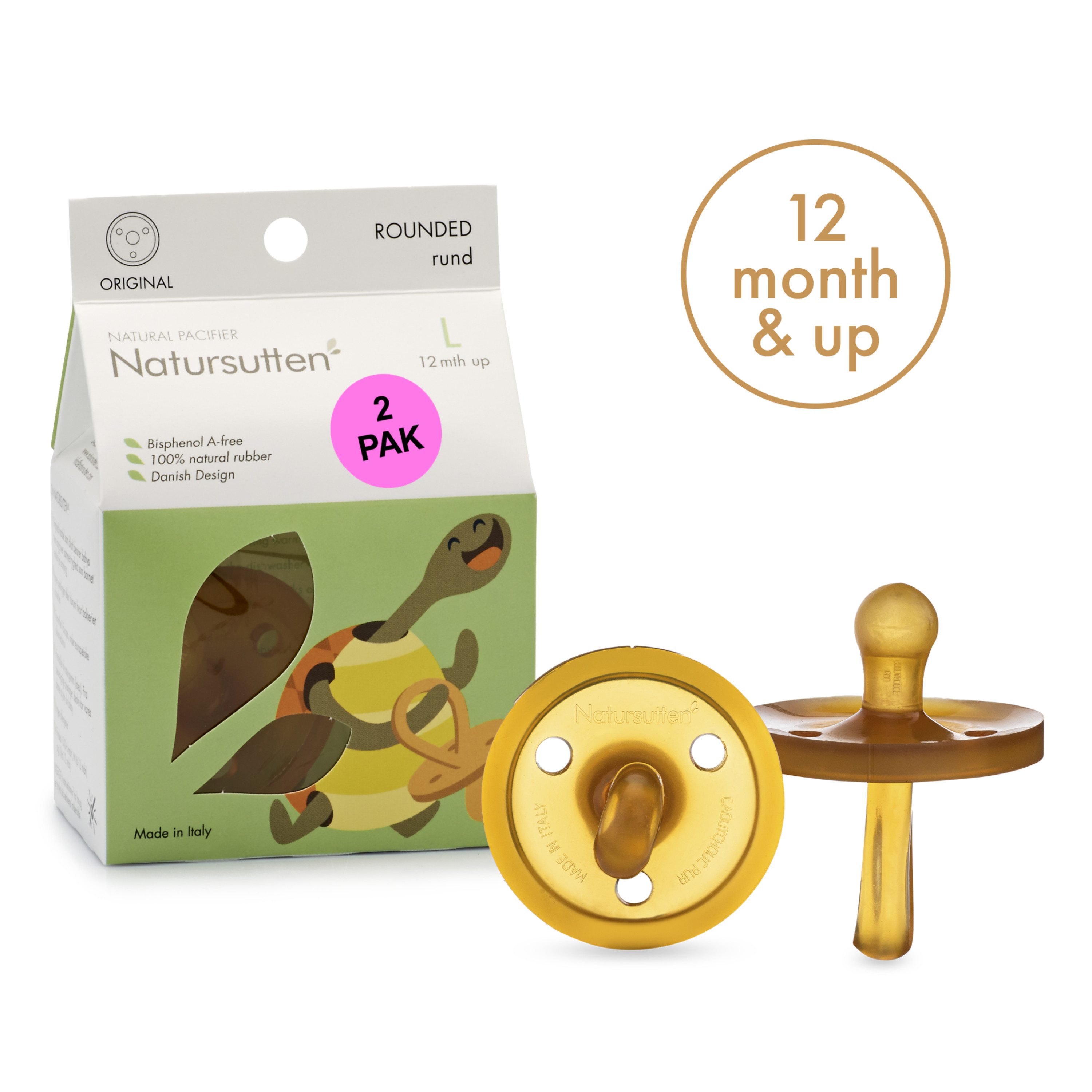 Natursutten Pacifier 12+ Months, Natural Rubber Round Baby Pacifier ...