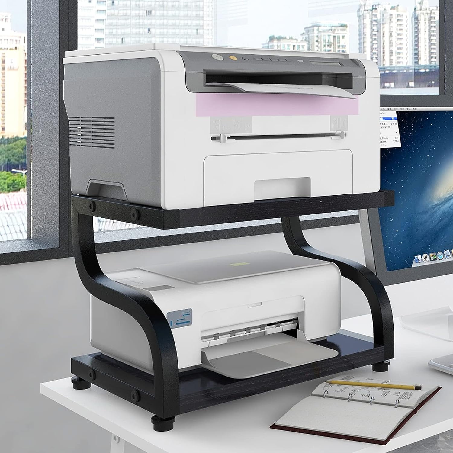 Natwind 2-Tier Wooden Desktop Printer Stand, Black Home Office ...