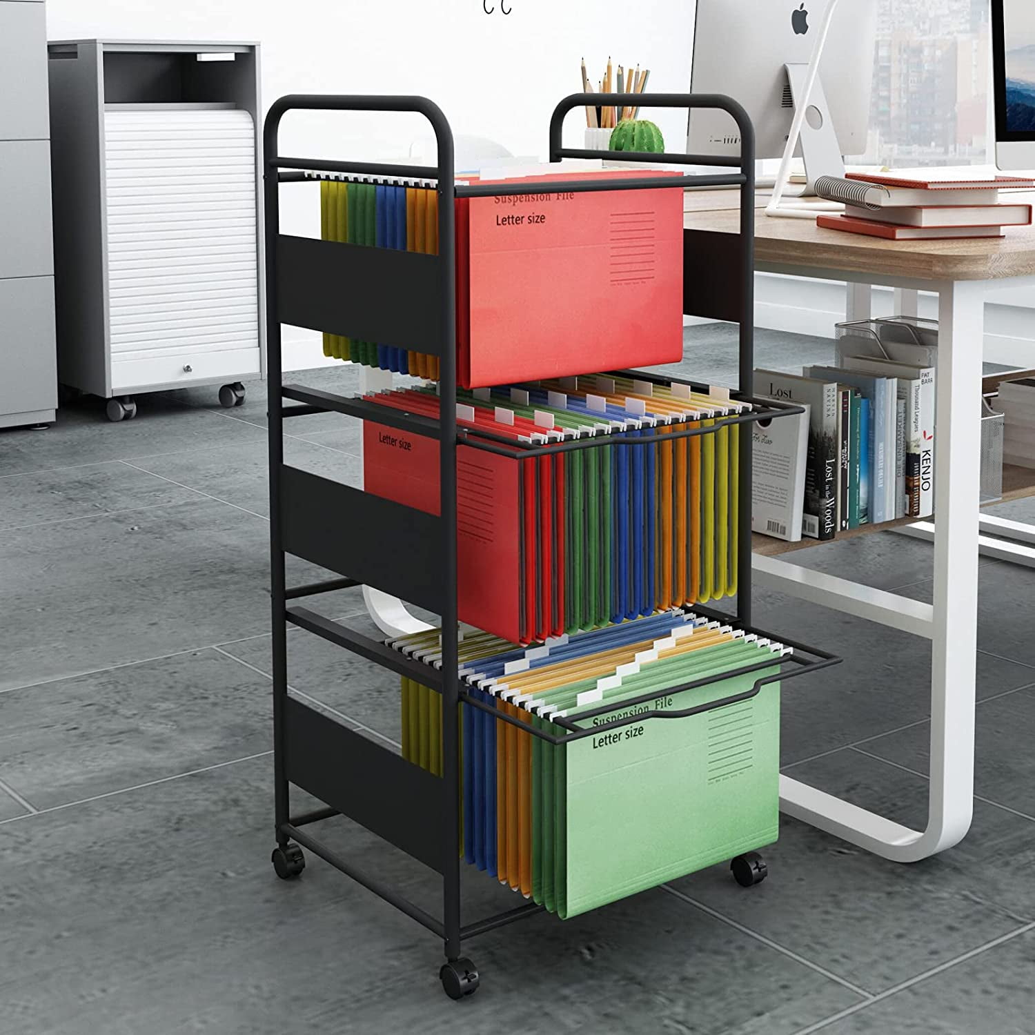 Natwind 3 Tiers Mobile Metal Pull-Out Filing Cart with wheels, 14.1"D x ...