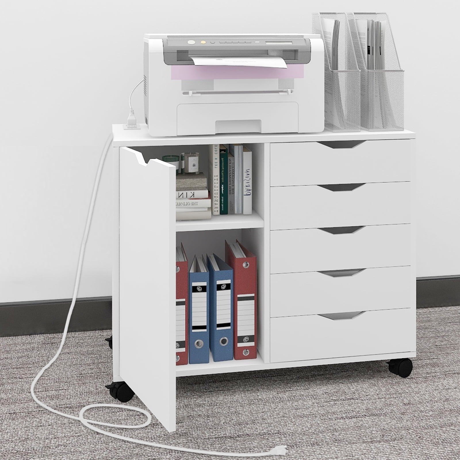 Natwind 5-Drawer Wood Printer Stand with Charging Socket, Mobile File ...
