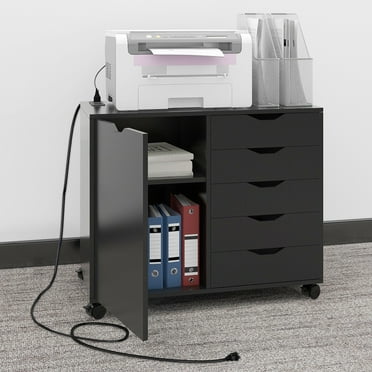 FITUEYES Printer Stand with Storage Adjustable Shelves, Wood Mobile ...